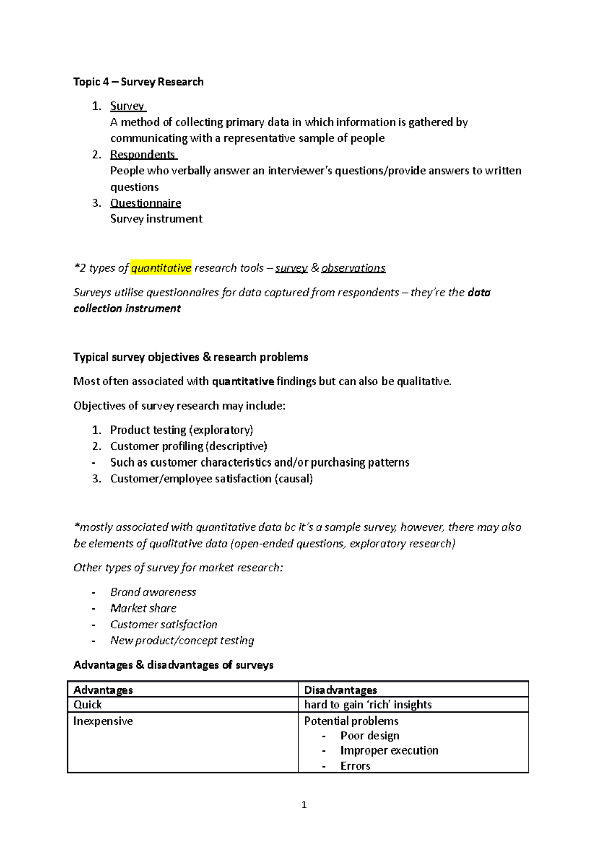 Market Research Notes topic 4-6 - Topic 4 – Survey Research 1. Survey A ...