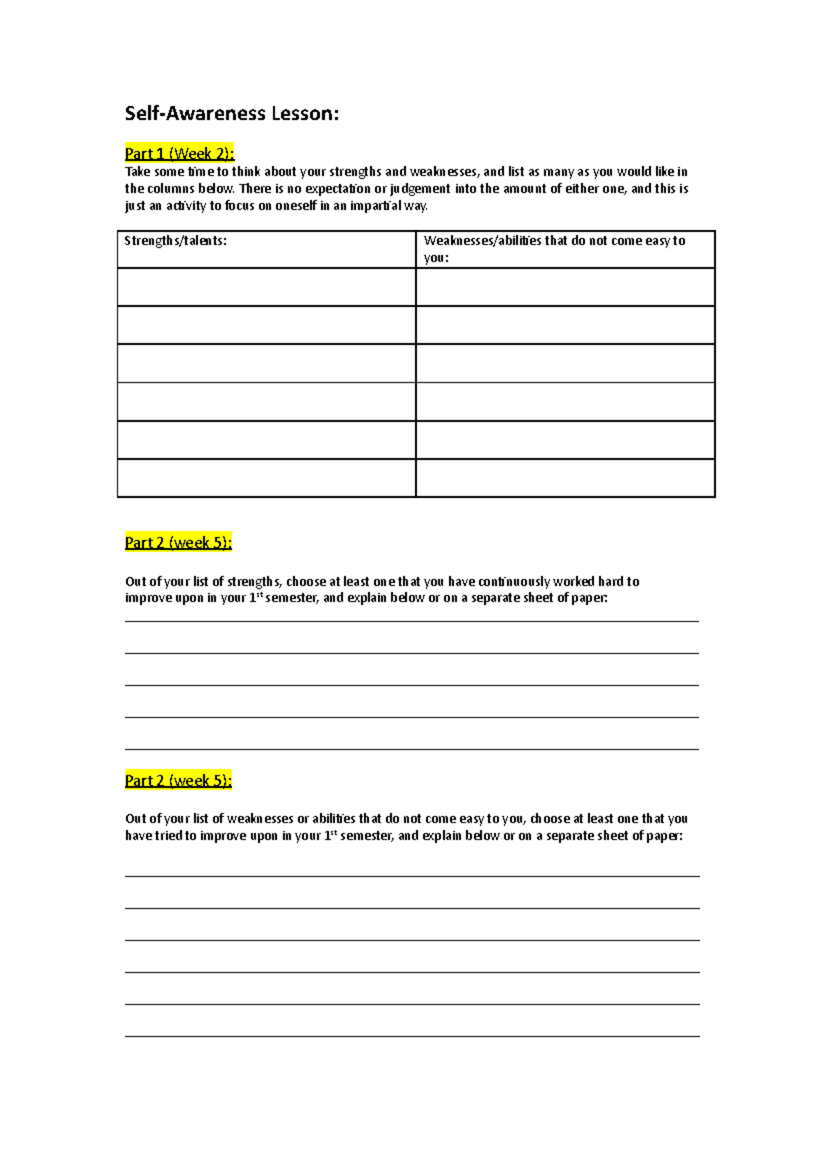 Self%20Awareness%20Activity - Self-Awareness Lesson: Part 1 (Week 2 ...