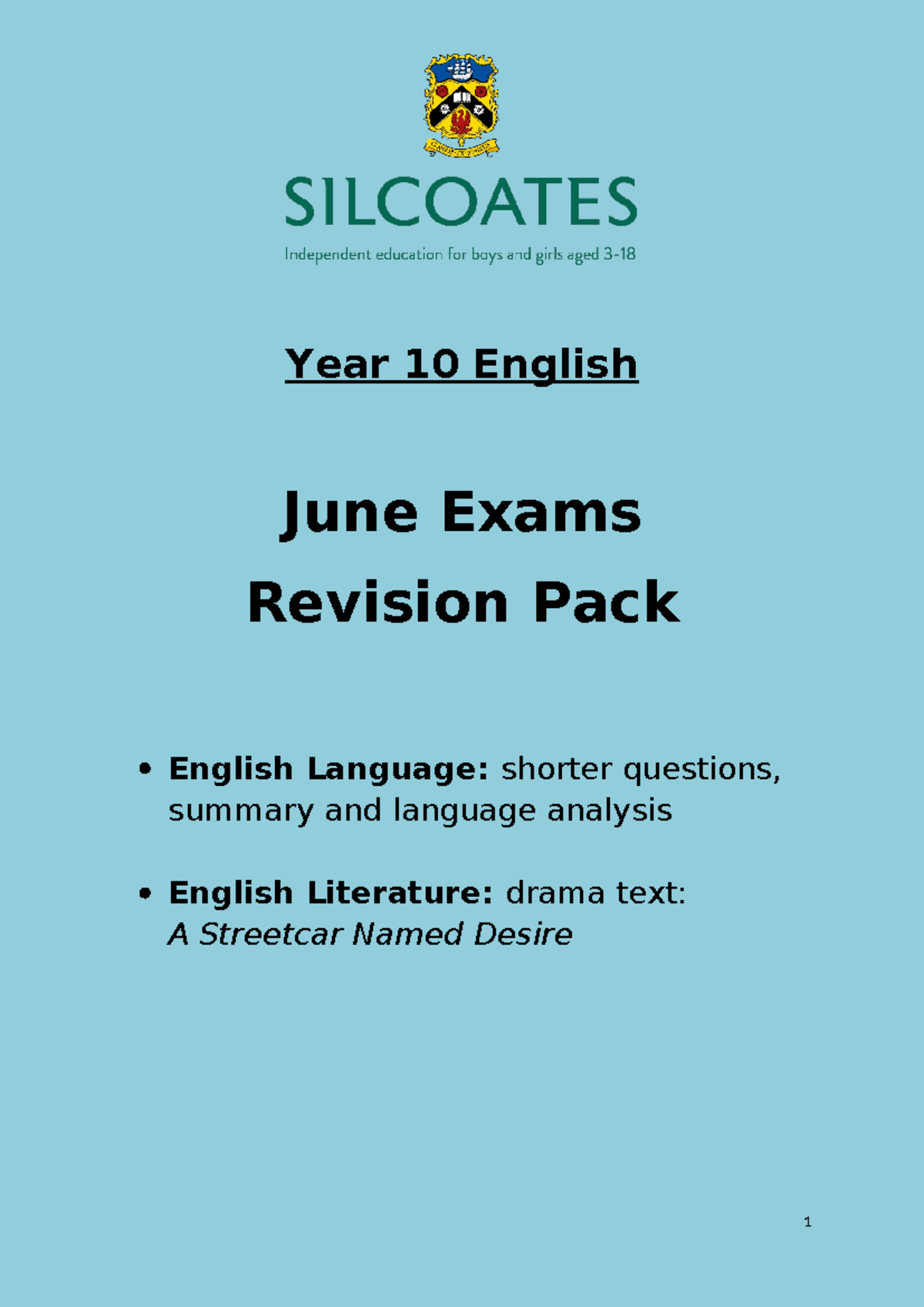 Y10 English June Exams Revision Pack 2024 - Year 10 English June Exams ...