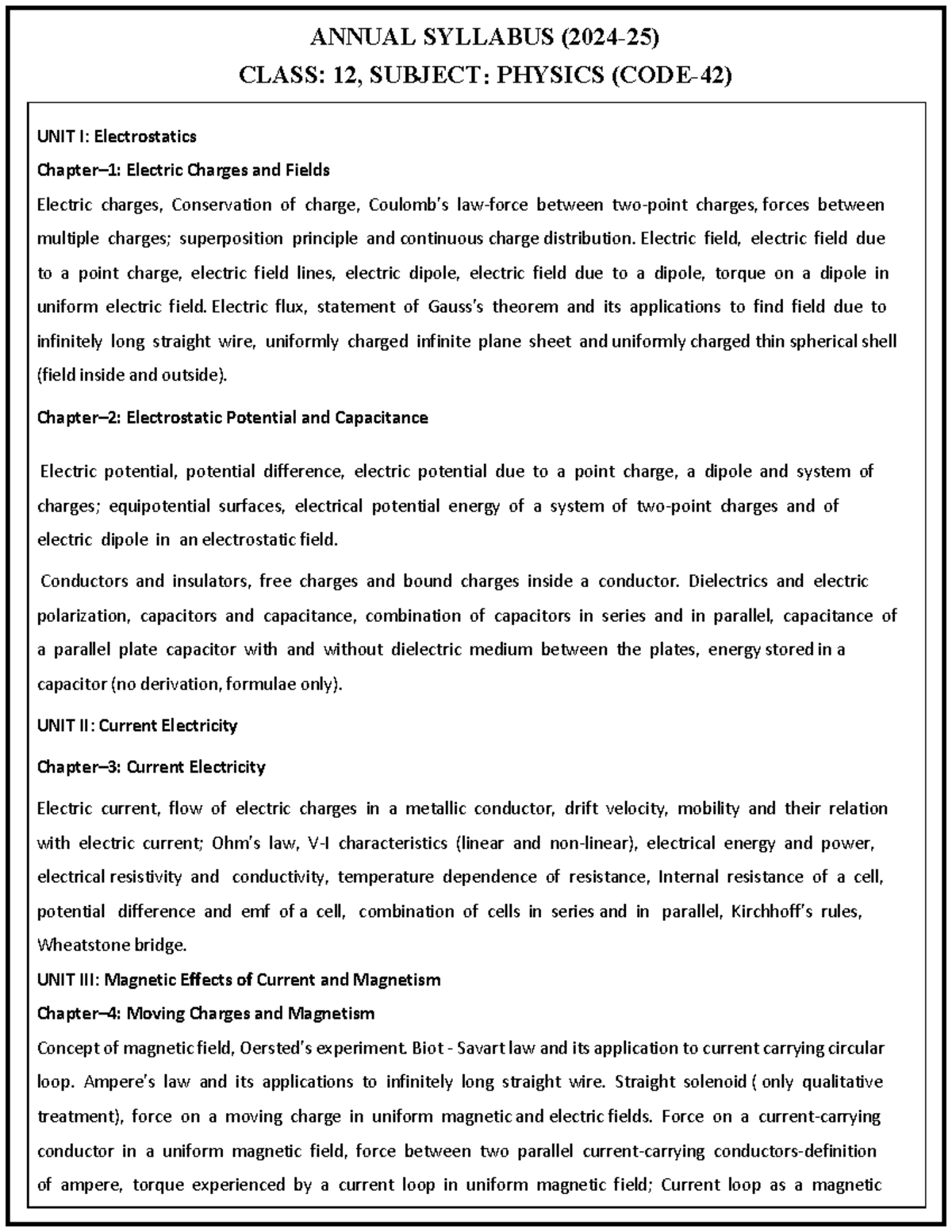 Physics - jnjnm - ANNUAL SYLLABUS (2024-25) CLASS: 12, SUBJECT: PHYSICS ...