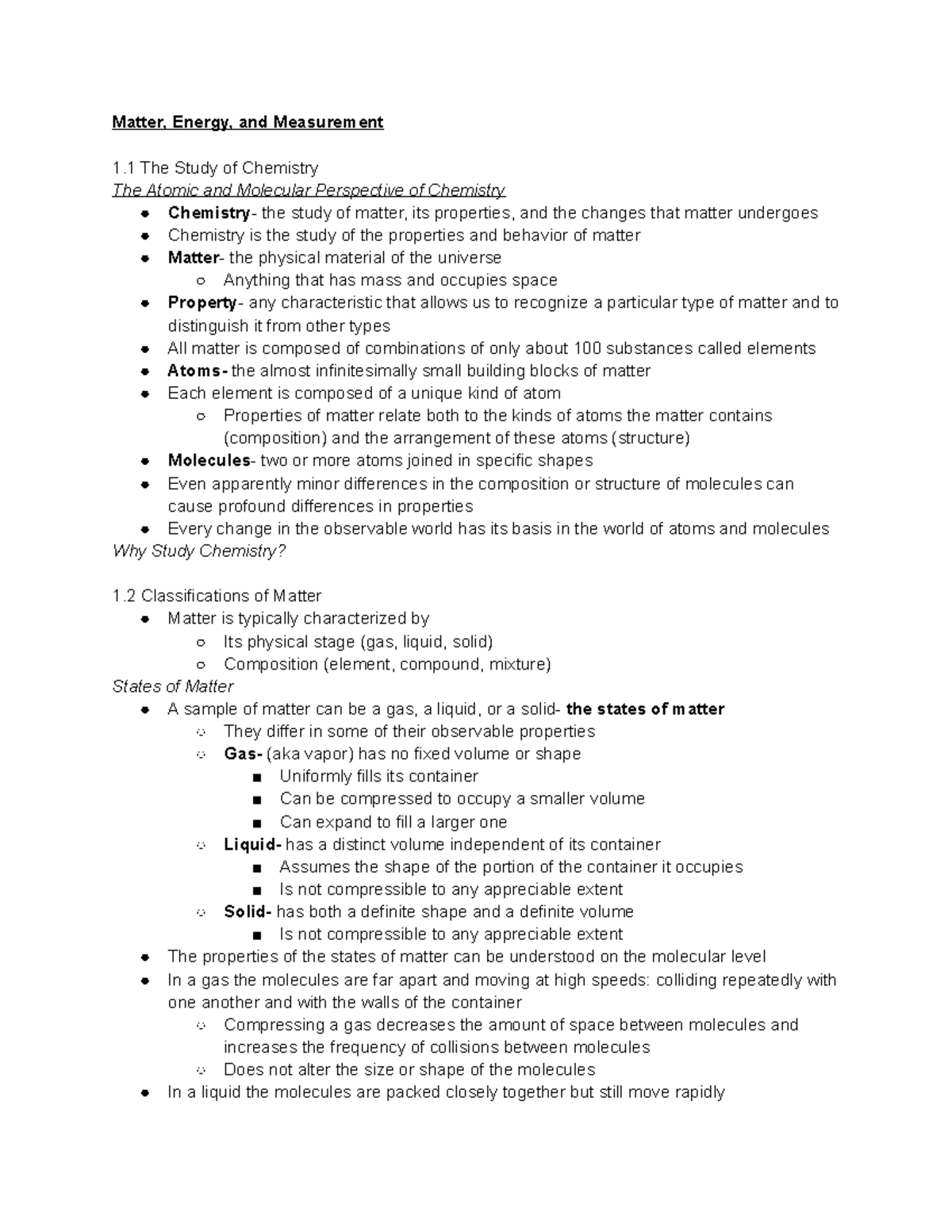 Ch1 outline - Summary Adv Freshm Chem I - Matter, Energy, and ...