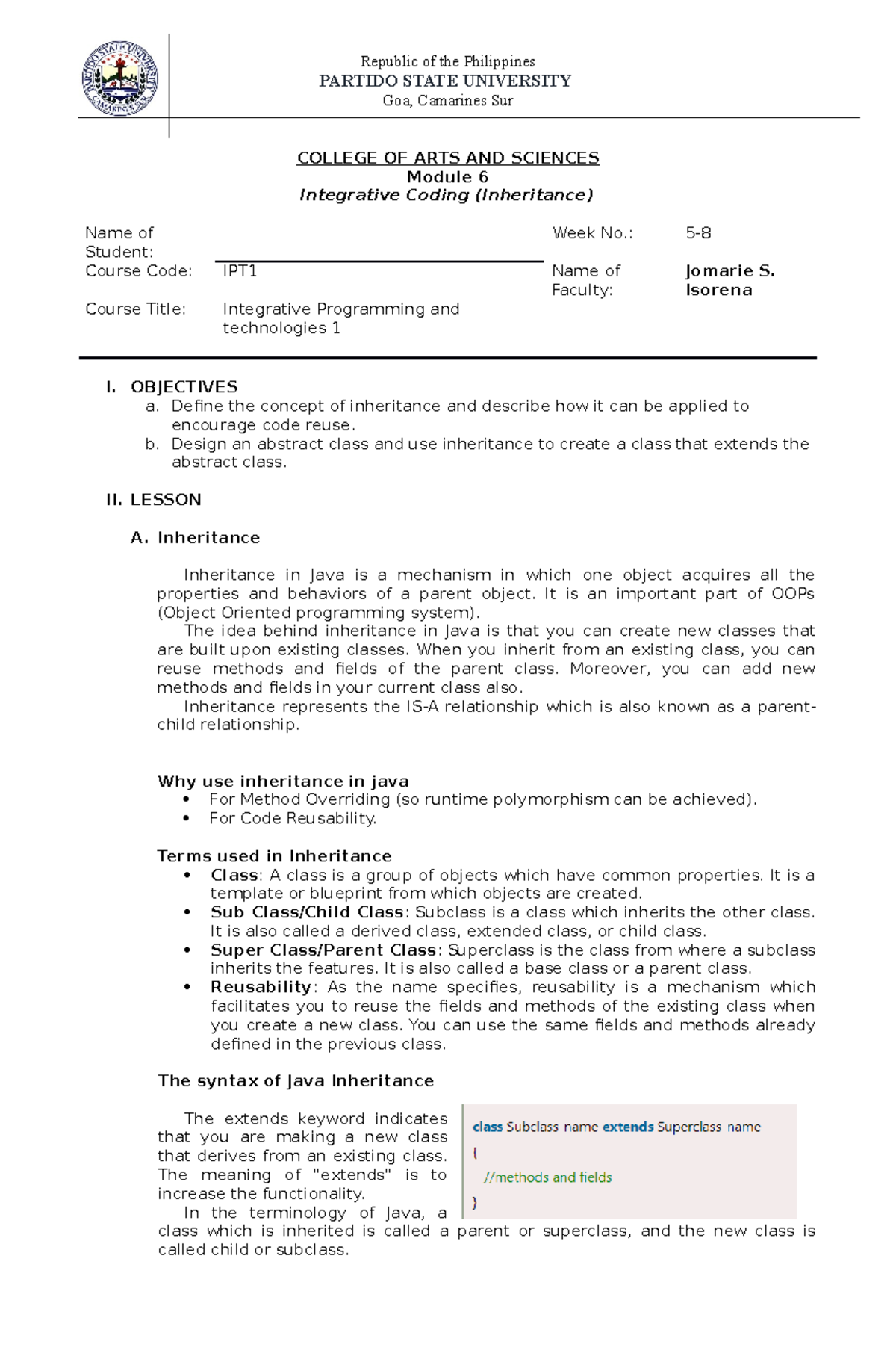 Module 6 - Integrative Coding (Inheritance) - PARTIDO STATE UNIVERSITY ...