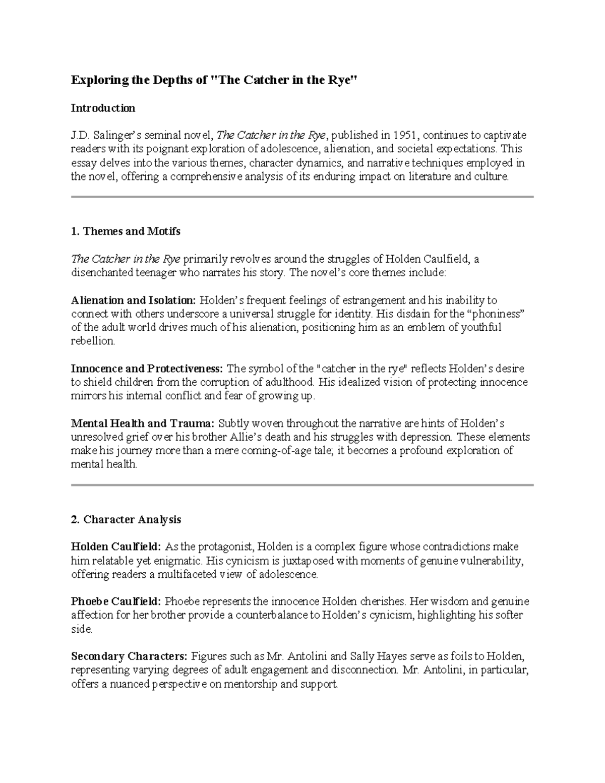 Catcher RYE - 121234141 - Exploring the Depths of "The Catcher in the ...