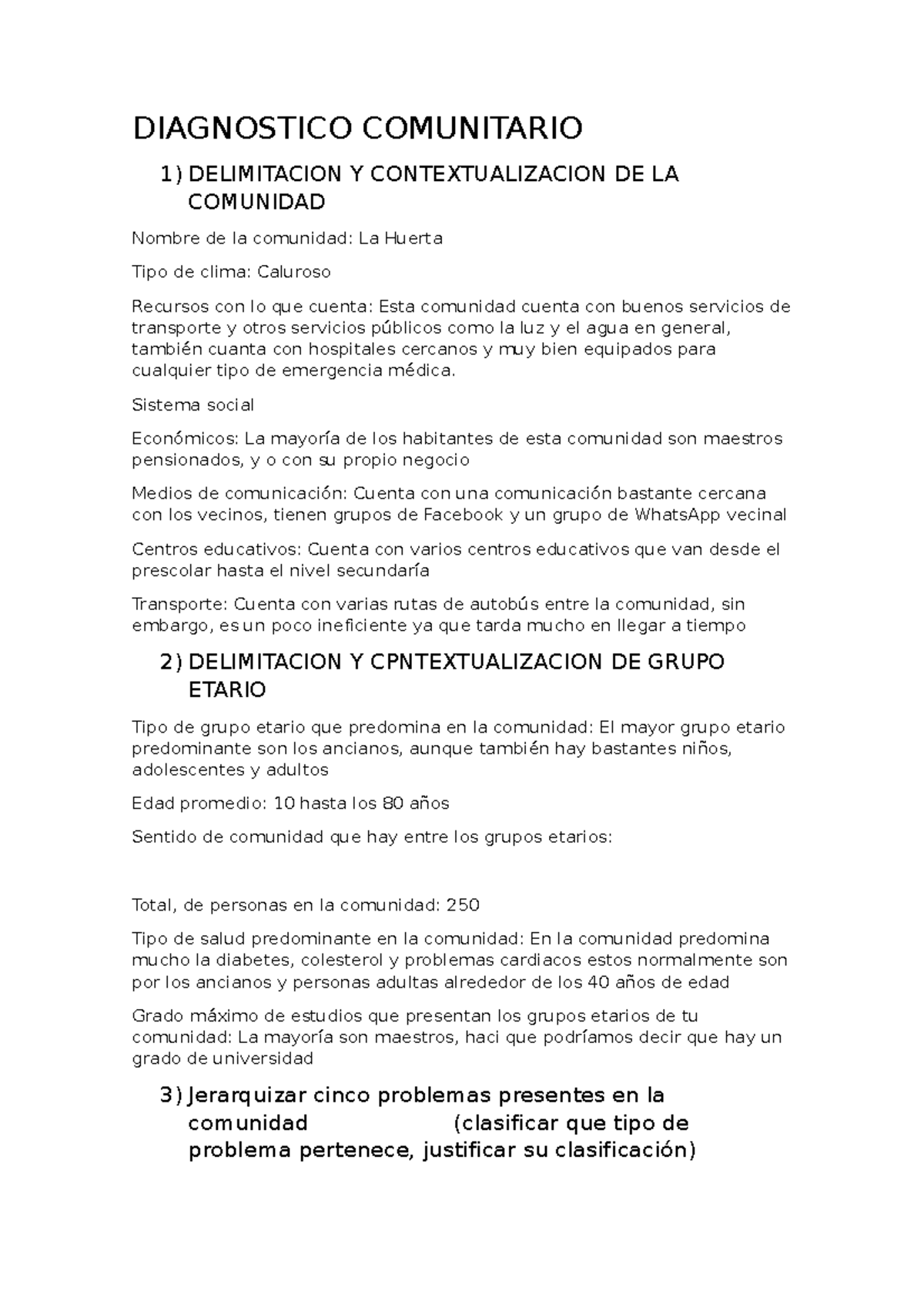 Proyecto DCP - ensayo de el diagnostico de las comunidades - DIAGNOSTICO COMUNITARIO 1 ...
