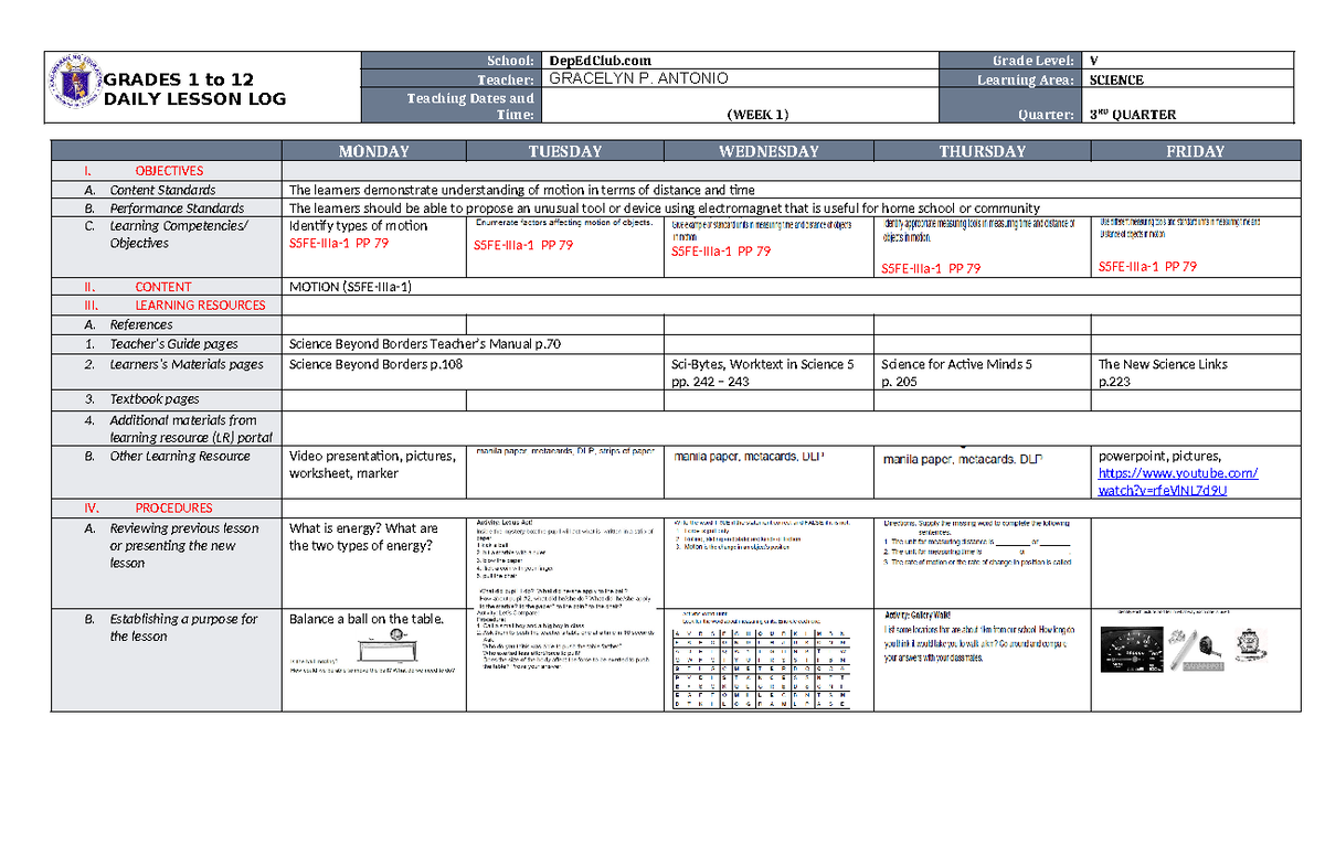 DLL Science 5 Q3 W1 - GRADES 1 to 12 DAILY LESSON LOG School: DepEdClub ...