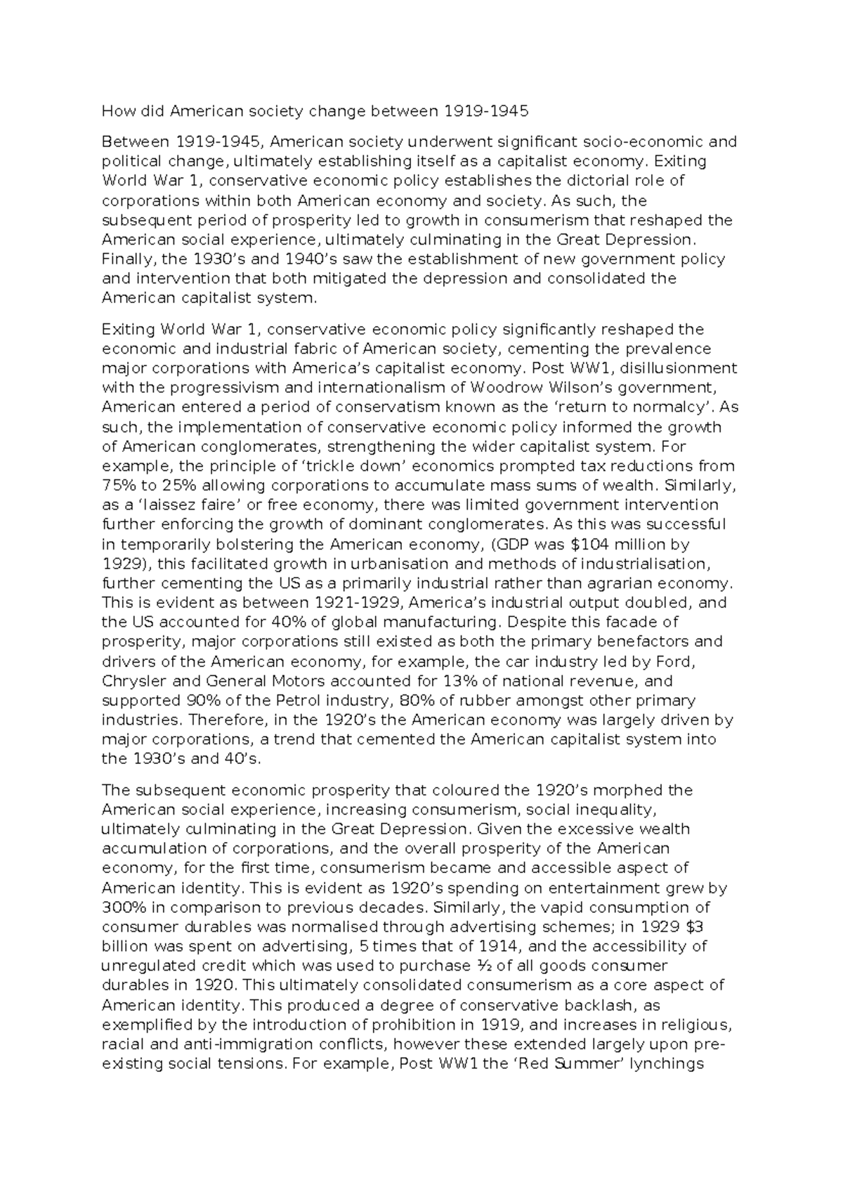 Essay plan w8 - How did American society change between 1919- Between ...