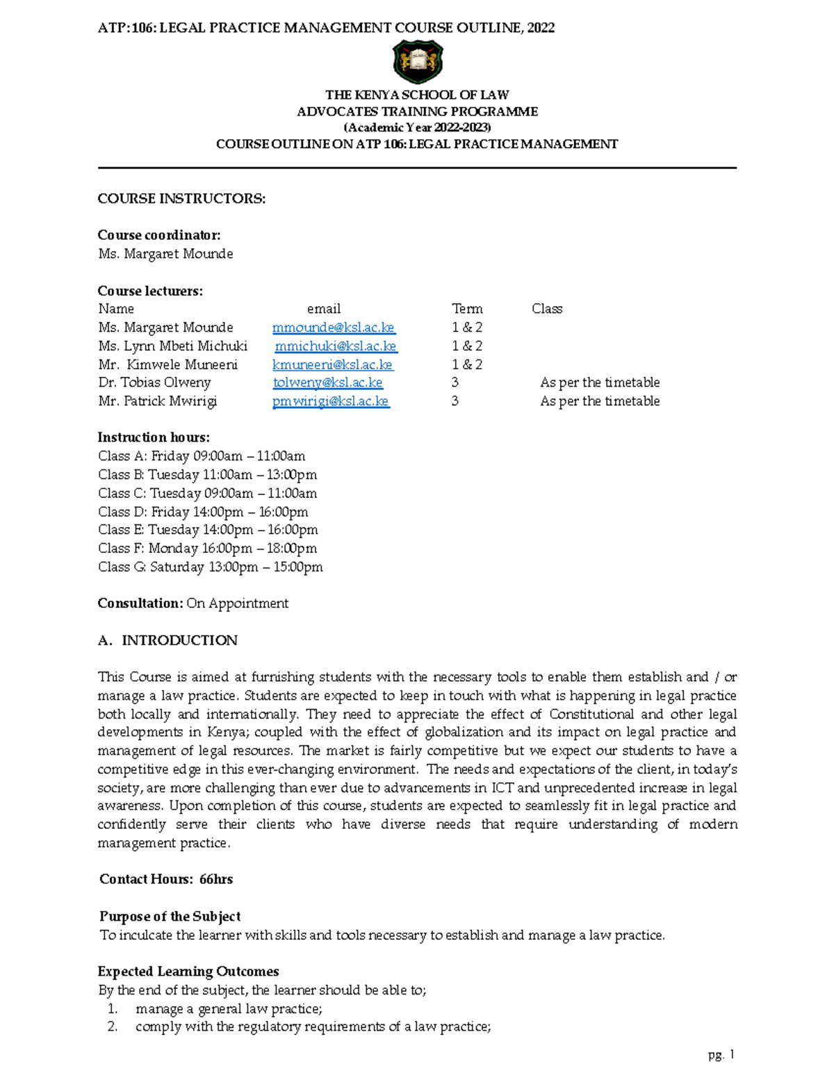 ATP 106 Legal Practice Management Course Outline 2022-2023 - ATP: 106 ...