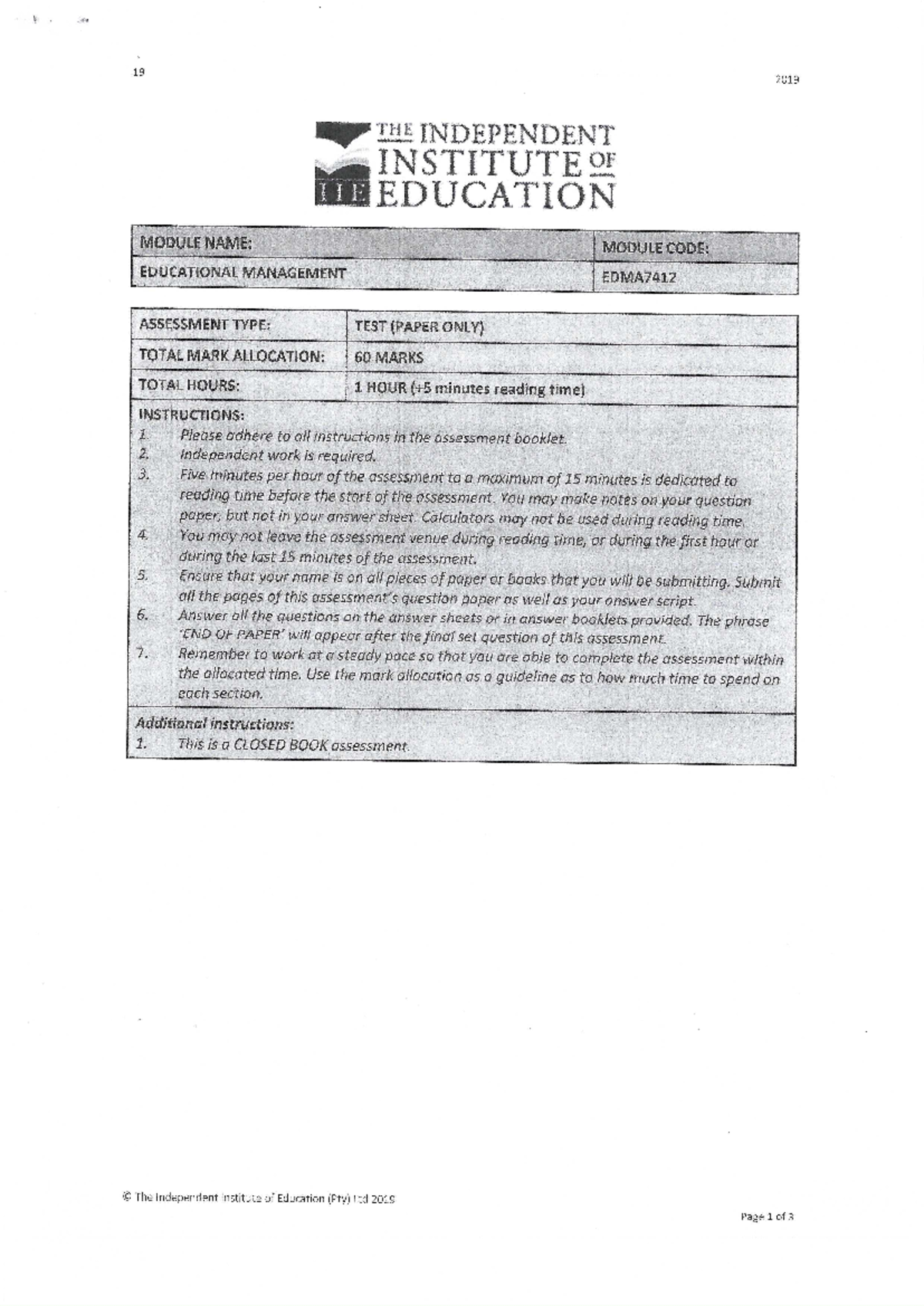 EDMA Revision - practice test - 19 2019 THE INDEPENDENT INSTITUTE OF ...