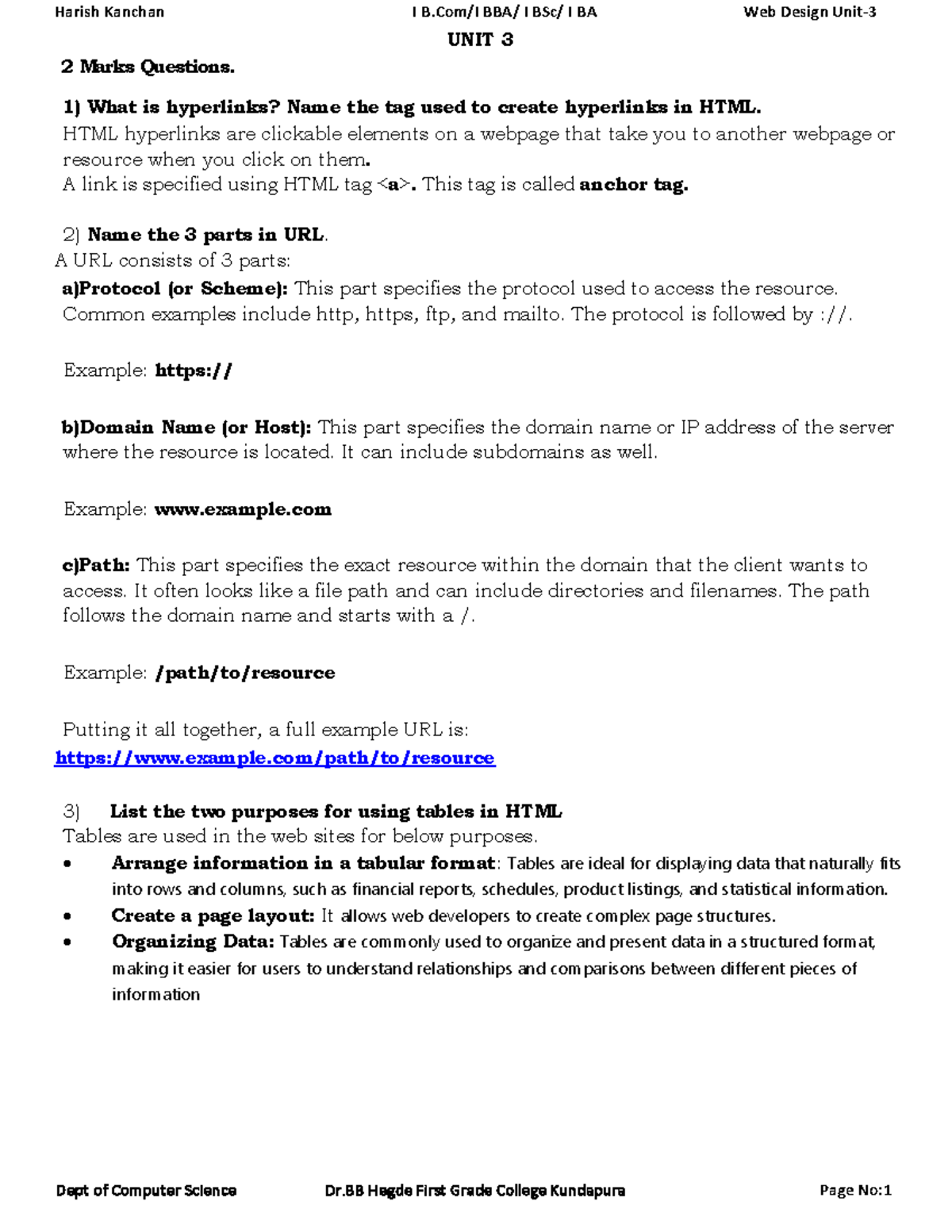 OE Web Design Unit 3 QB Solved - UNIT 3 2 Marks Questions. 1) What is hyperlinks? Name the tag ...