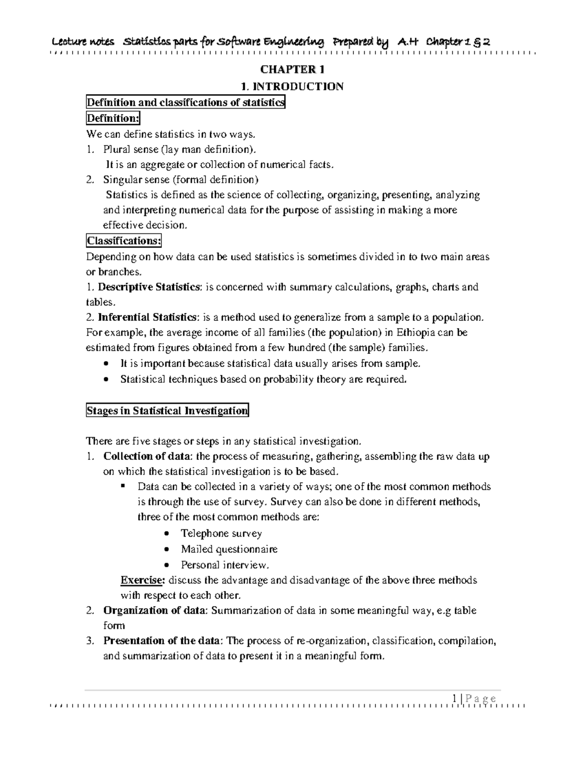 Introduction to Stat - Statics and probalitiy - ####### CHAPTER 1 ...