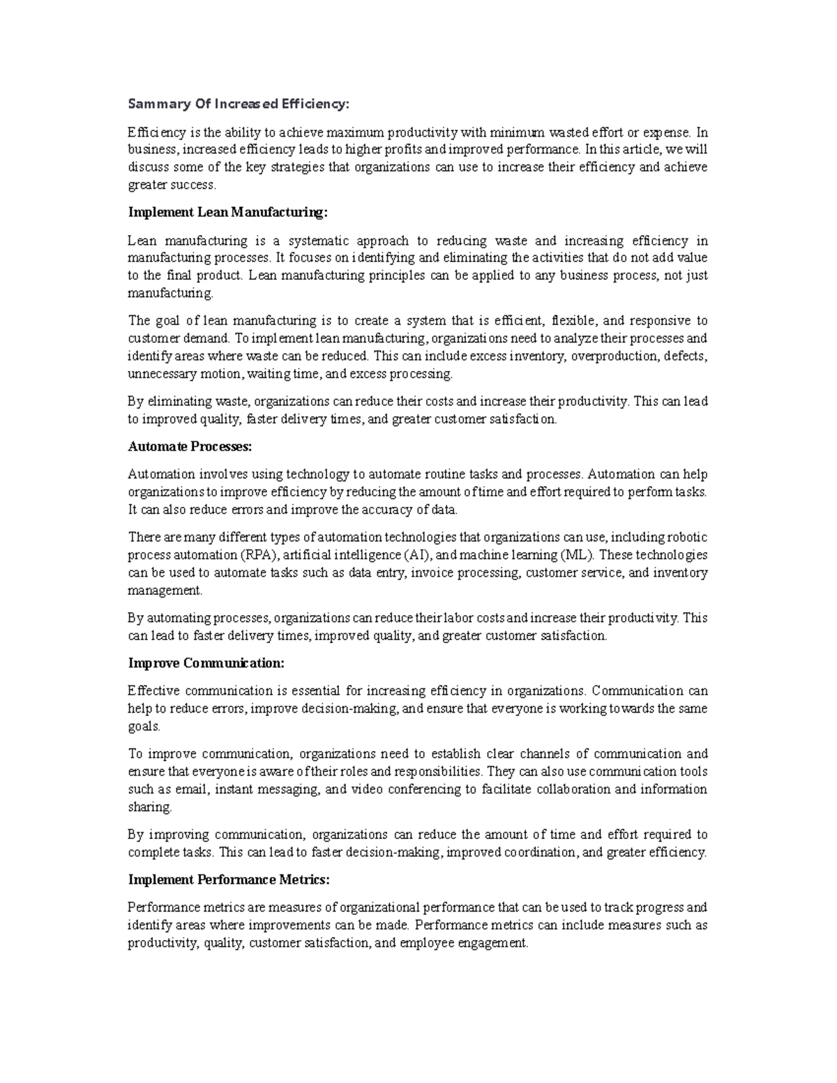 Summary Of Increased Efficiency - Sammary Of Increased Efficiency ...