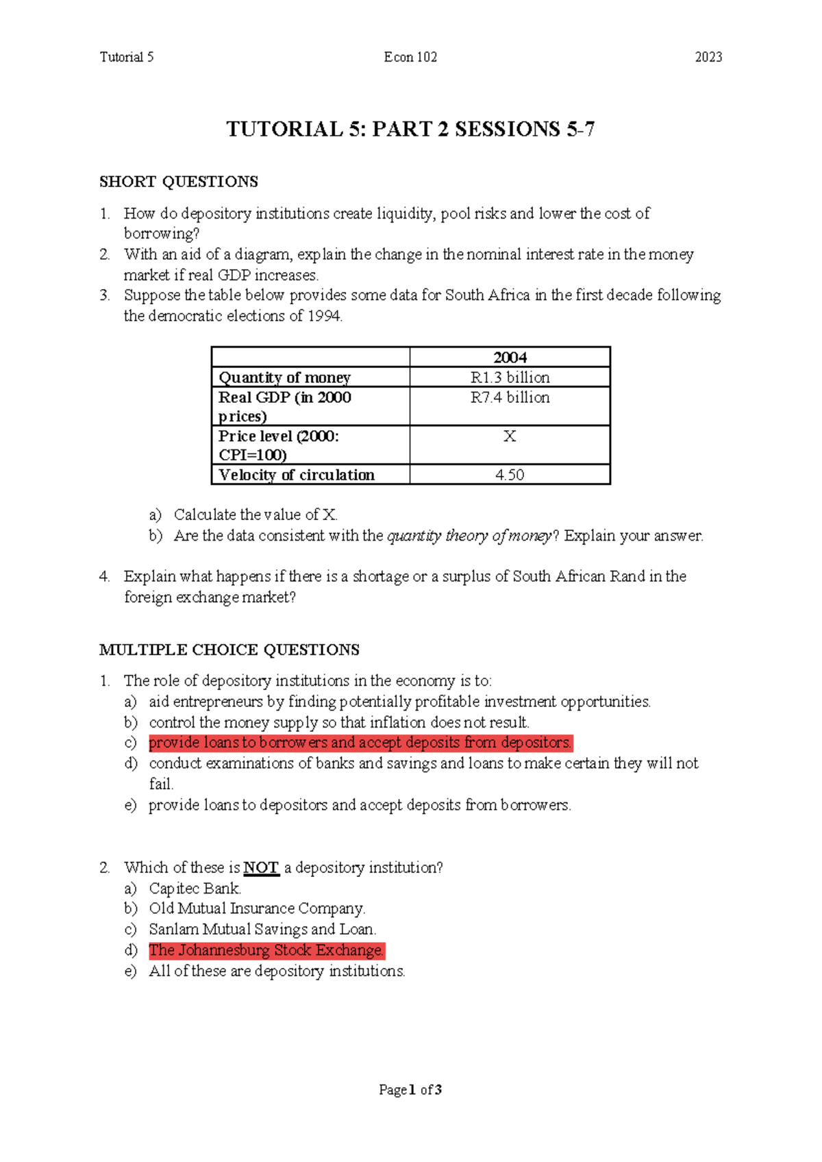 Tutorial 5 answers - KMK - Tutorial 5 Econ 102 2023 Page 1 of 3 TUTORIAL 5: PART 2 SESSIONS 5 ...