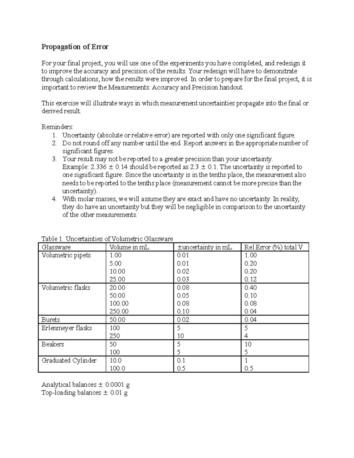 Propagation of Error Worksheet - Propagation of Error For your final ...