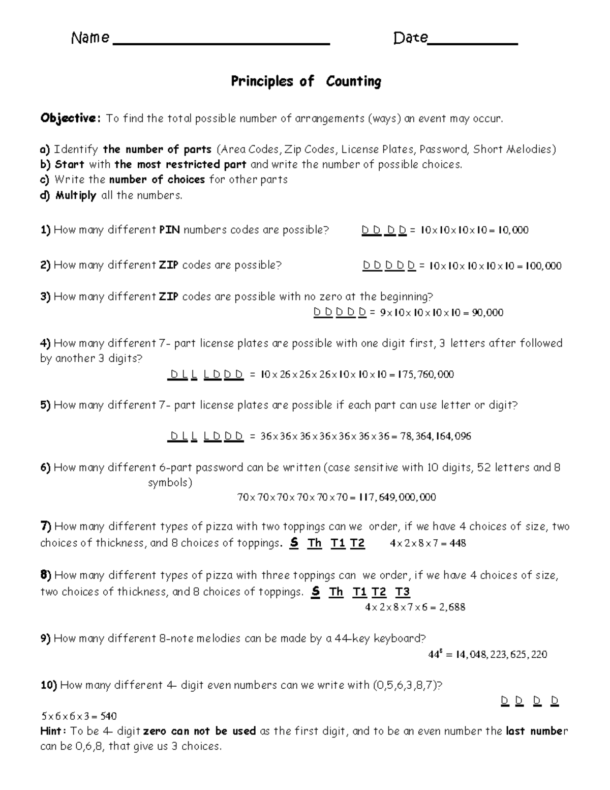 Permutations - worksheets and practice sheets - Name Date Principles of ...