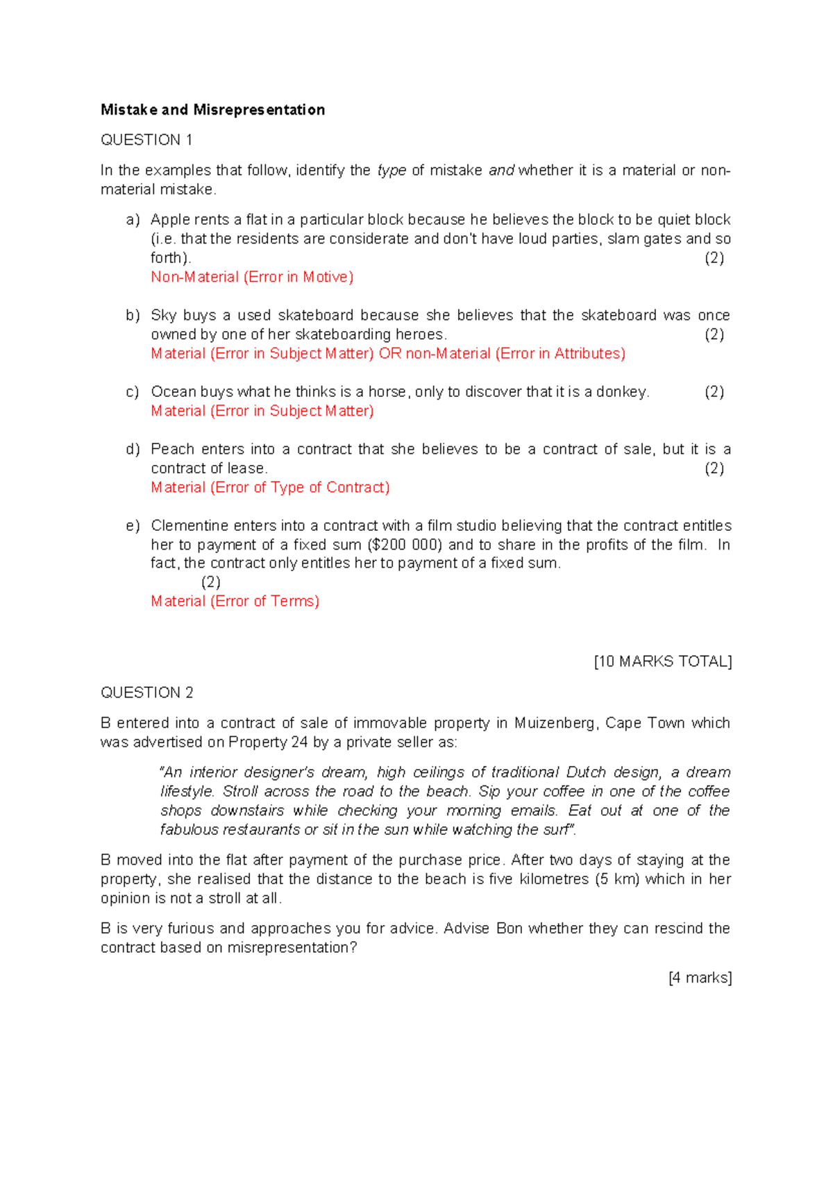 Worksheet PART B Solutions - Mistake and Misrepresentation QUESTION 1 ...