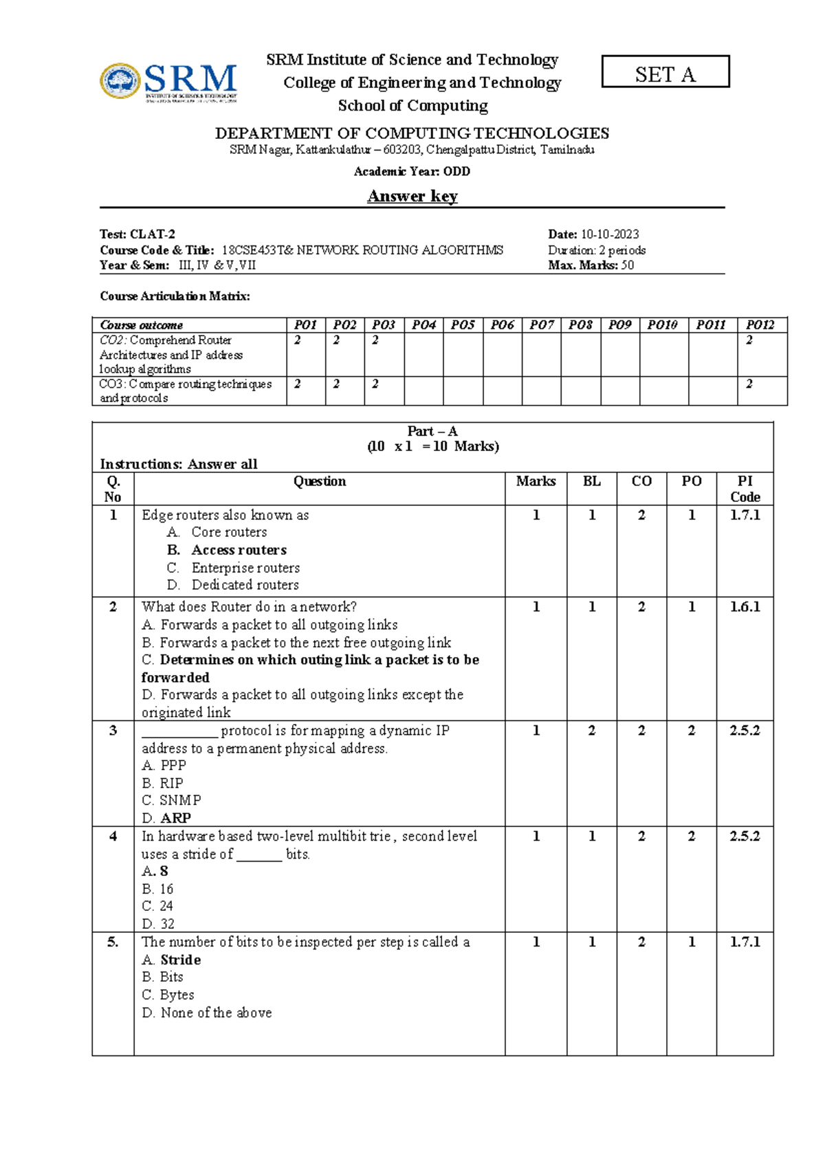 NRA SET A CT2 Answer key - SRM Institute of Science and Technology College of Engineering and ...