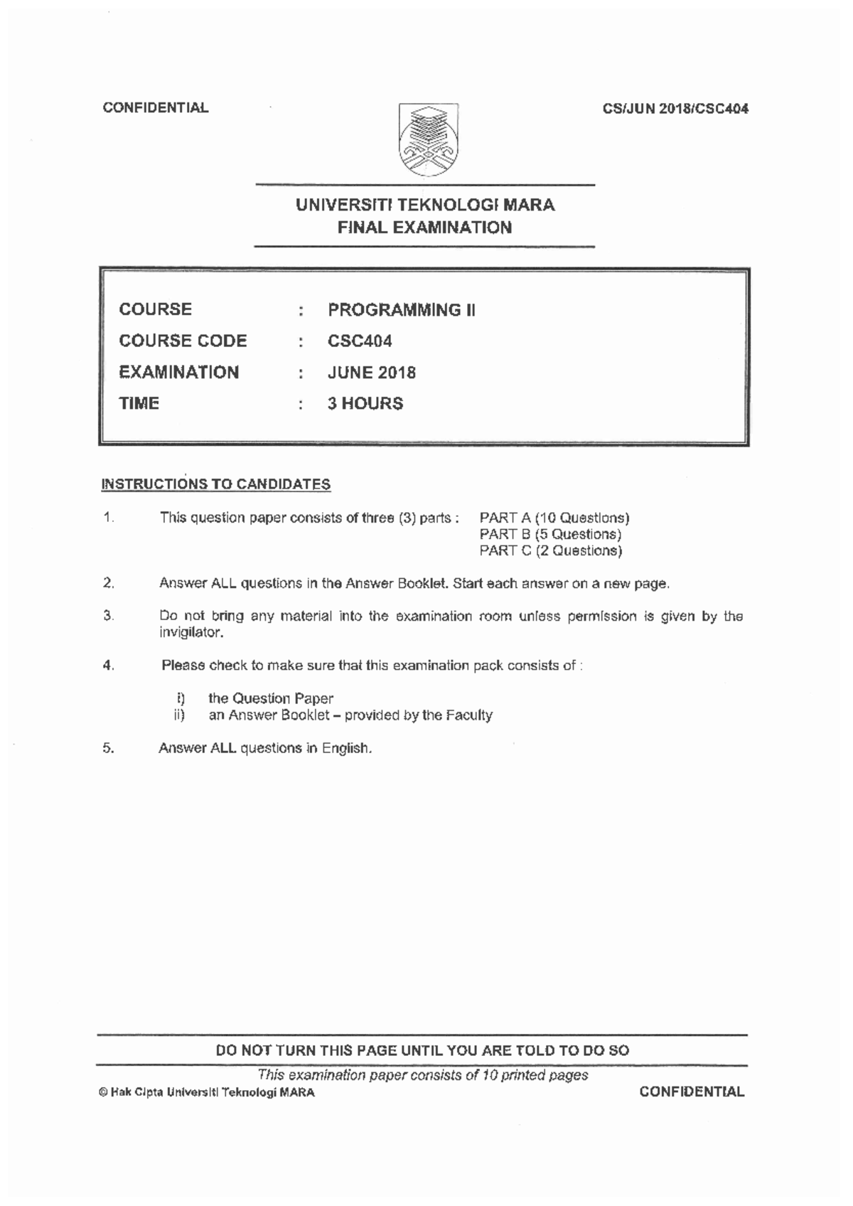 Faculty Computer Sciences AND Mathematic 2018 Session 2 - Degree CSC404 - Programming II - Studocu