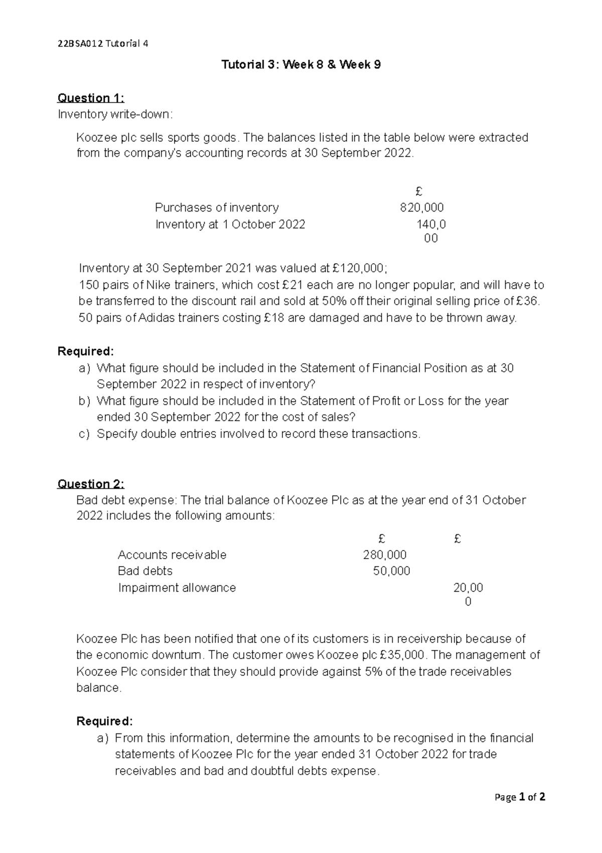Tutorial 4 Questions 22bsa012 Tutorial 4 Tutorial 3 Week 8 And Week 9 Question 1 Inventory