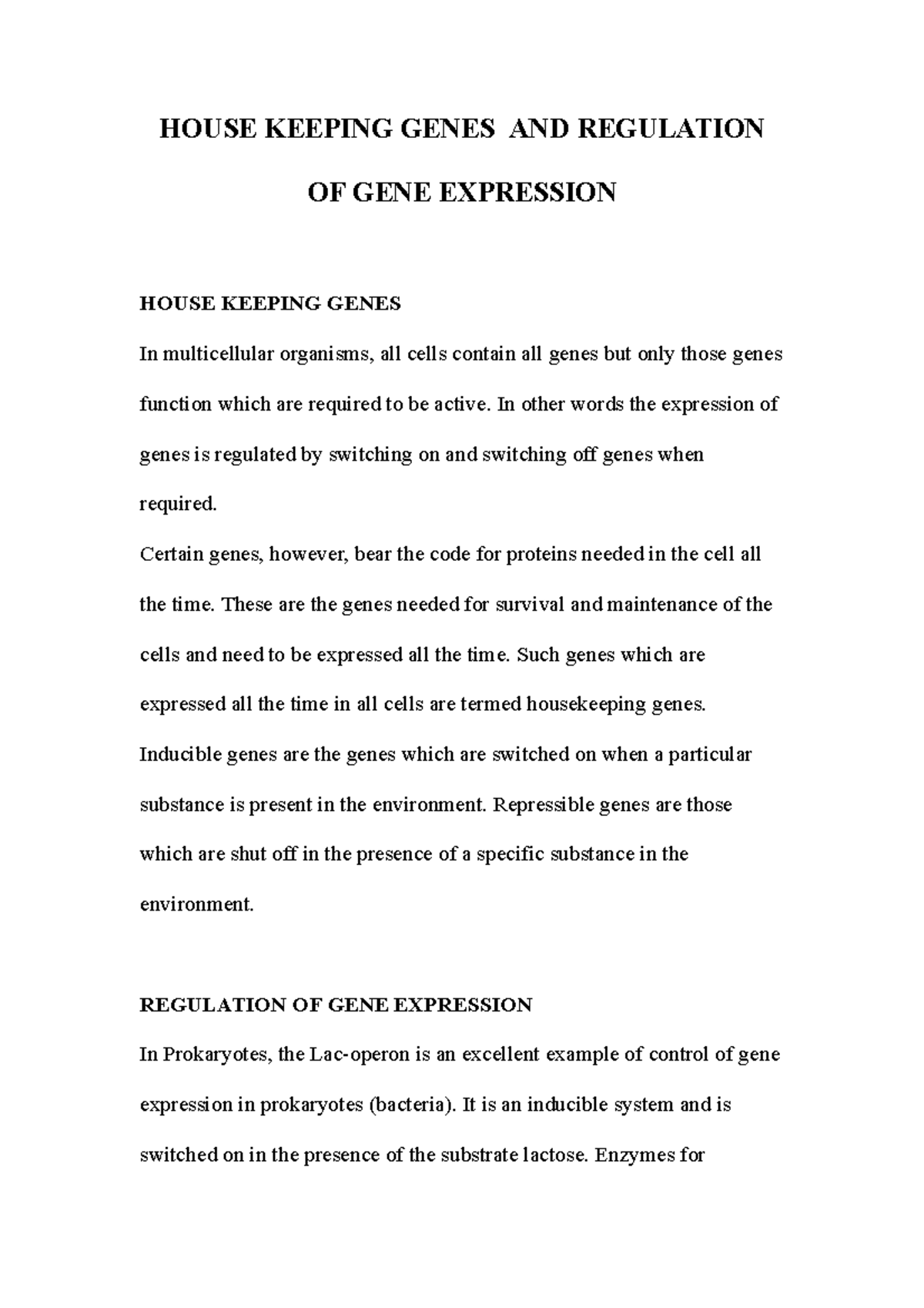 HOUSE KEEPING GENES AND REGULATION OF GENE EXPRESSION - HOUSE KEEPING ...