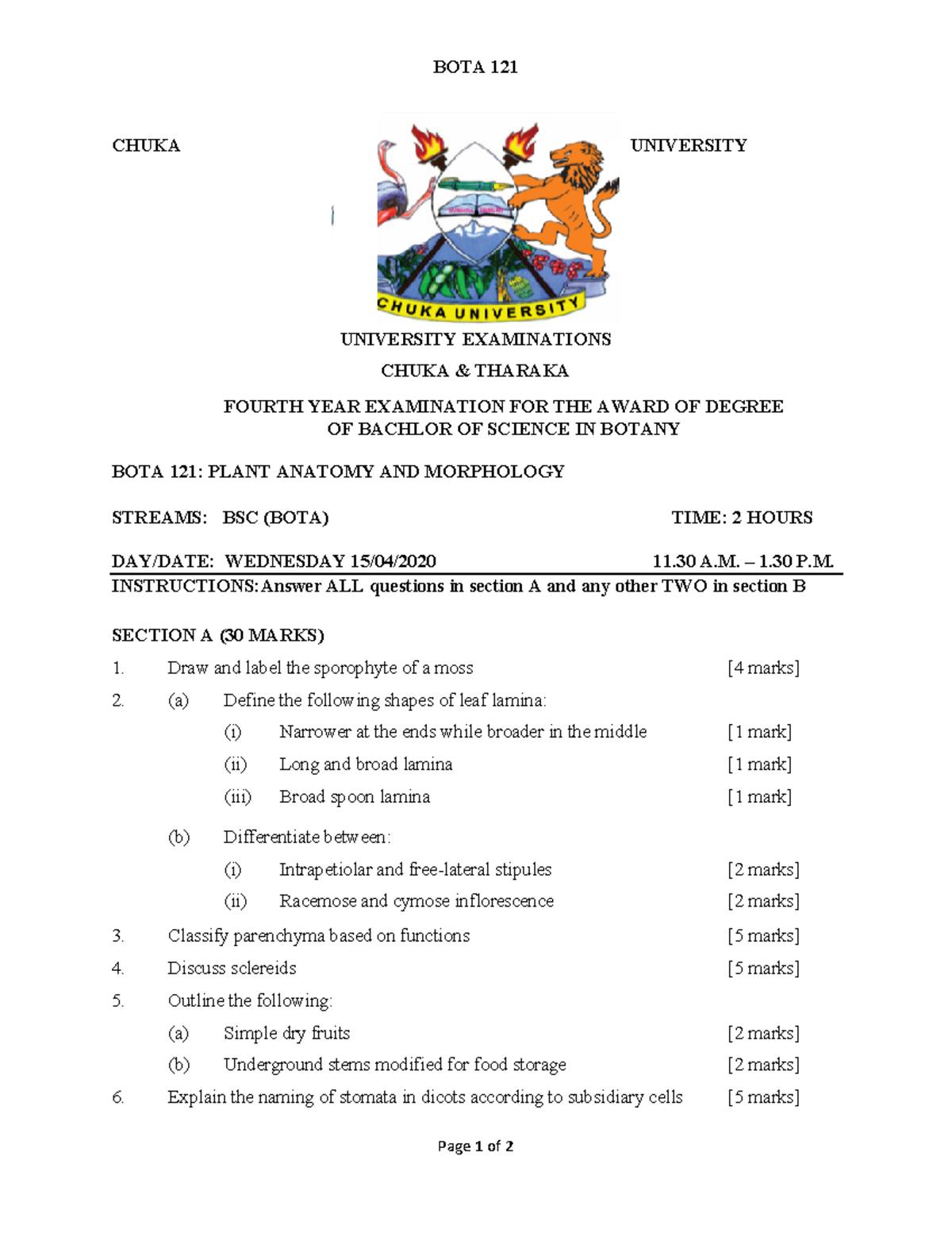 BOTA 121 - CHUKA UNIVERSITY EXAMINATIONS FOURTH YEAR OF BACHLOR OF ...