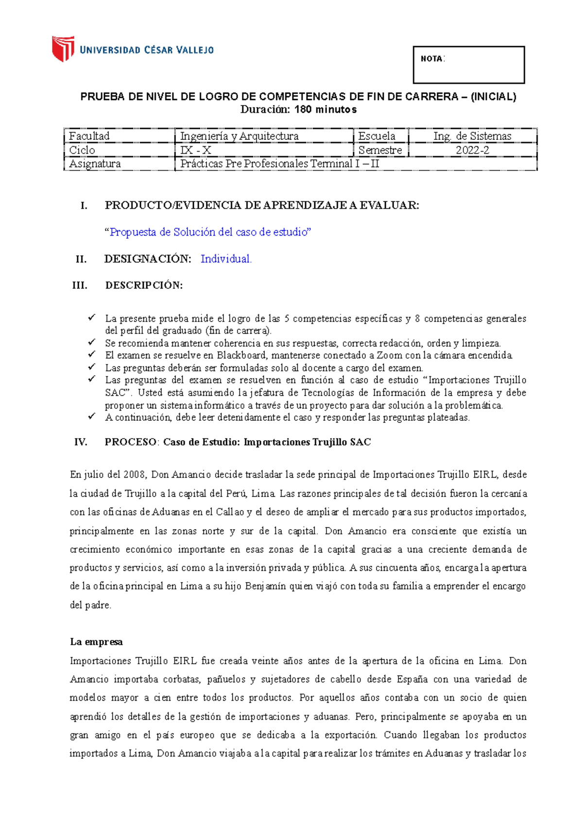 Examen PLC IV Nivel (Inicial) - 2023-01 - PRUEBA DE NIVEL DE LOGRO DE COMPETENCIAS DE FIN DE ...