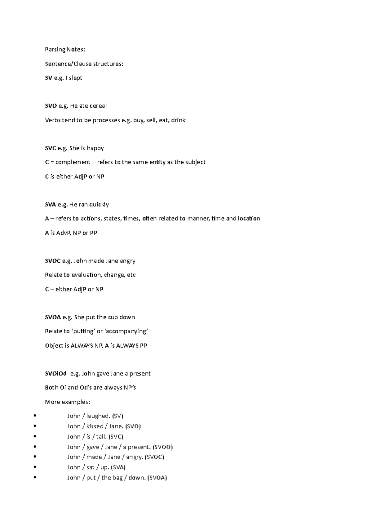 Parsing Notes Parsing Notes Sentenceclause Structures Sv E I