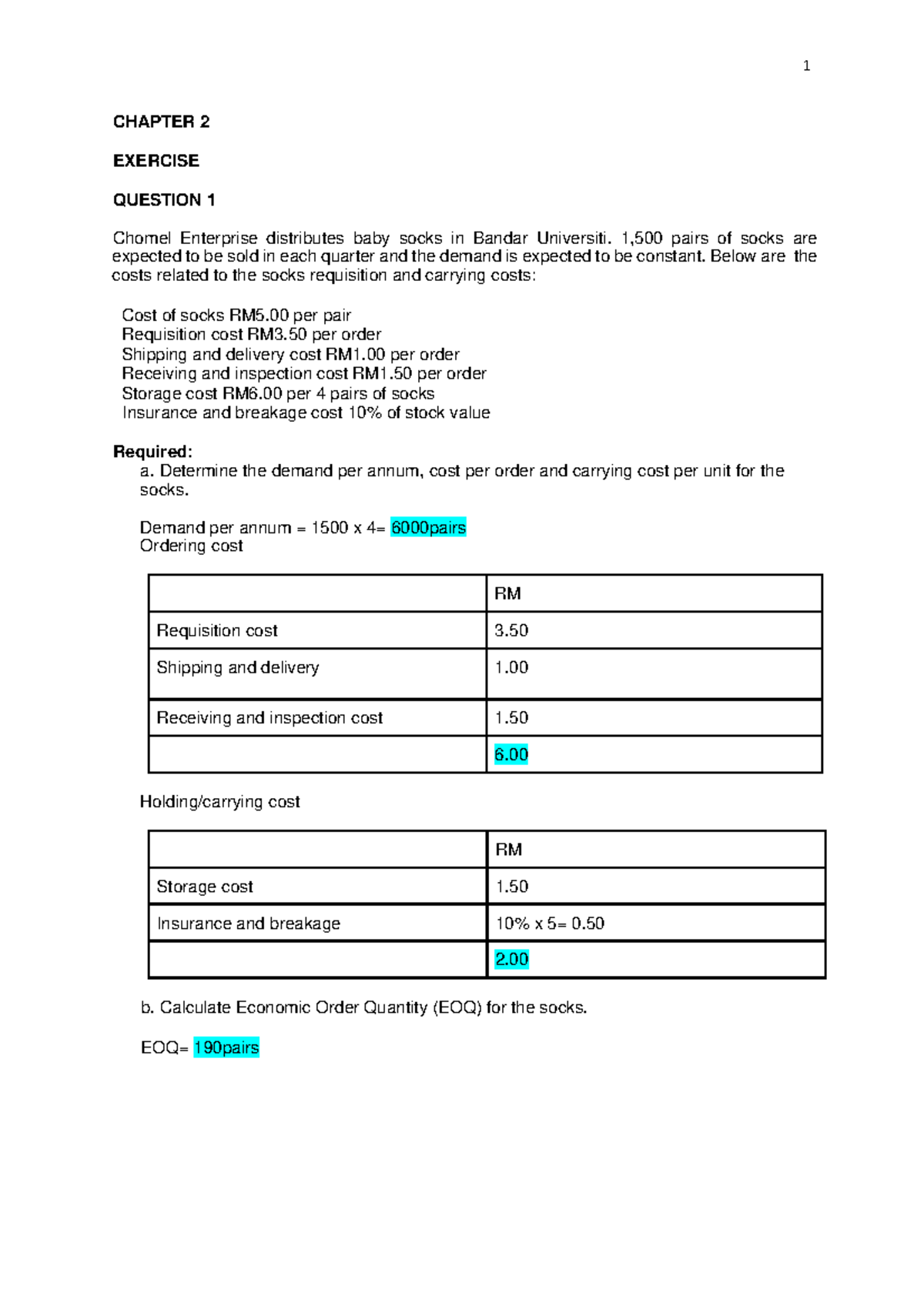 EOQ ACC166 - accounting notes - 1 CHAPTER 2 EXERCISE QUESTION 1 ...