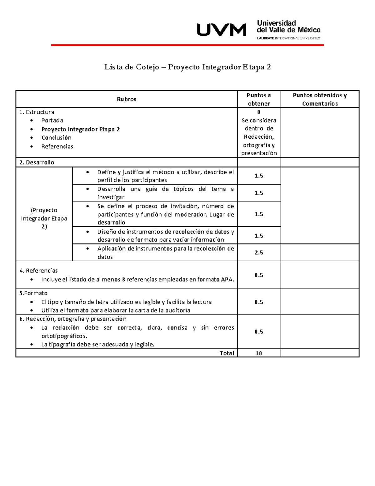 Lista De Cotejo Proyecto Integrador 2 Lista De Cotejo Proyecto