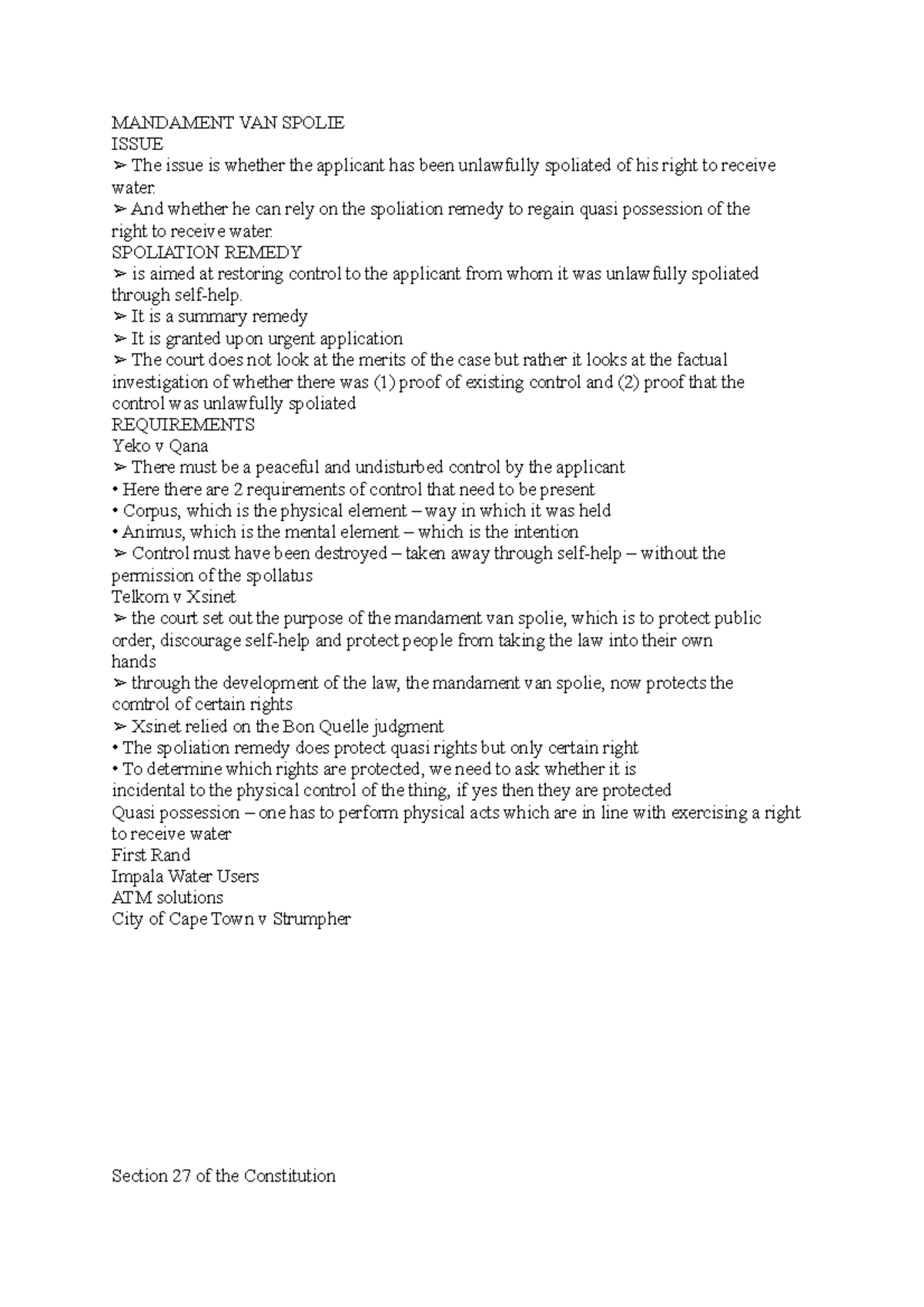 Mandament VAN Spolie spoliation - MANDAMENT VAN SPOLIE ISSUE The issue ...