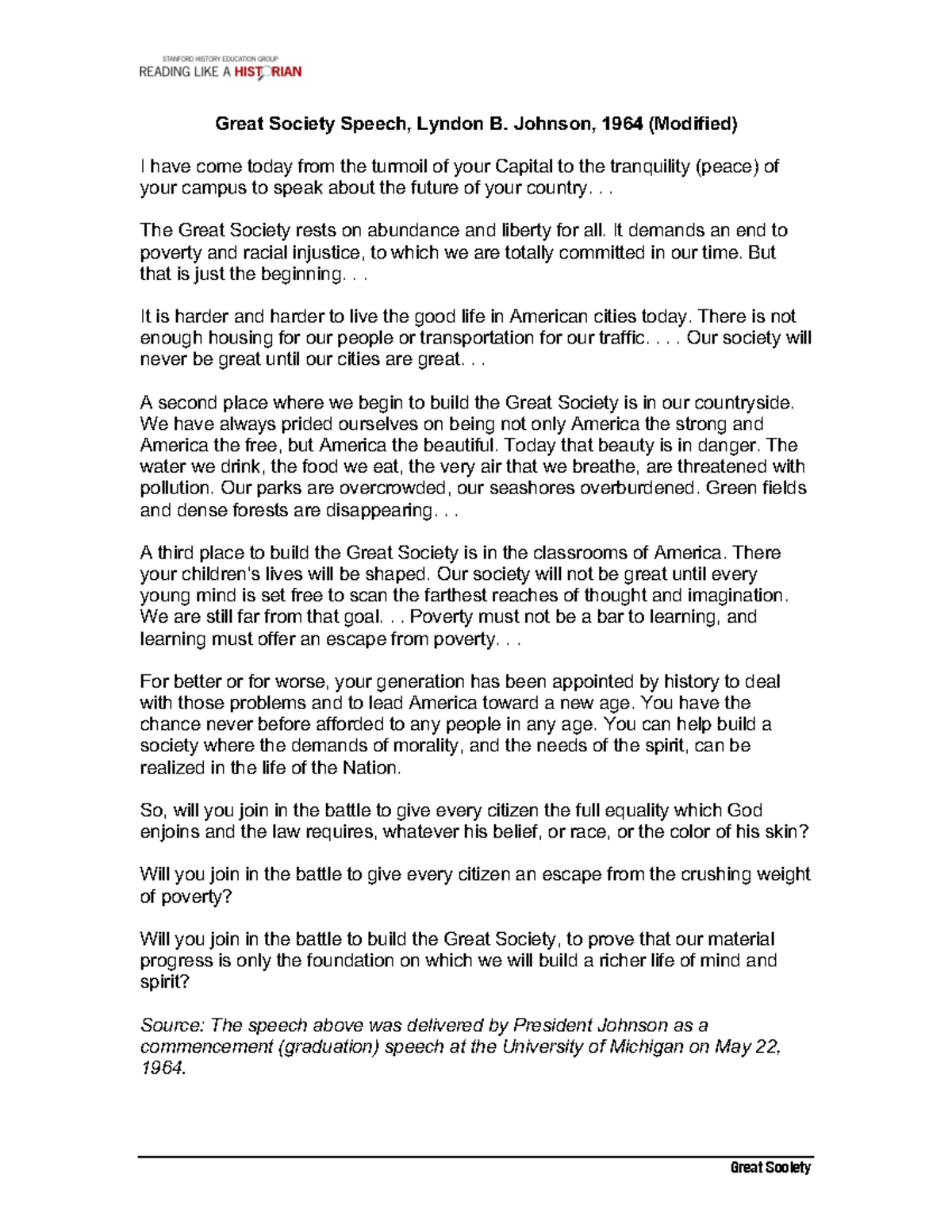 Great Society Student Materials - Great Society Speech, Lyndon B ...