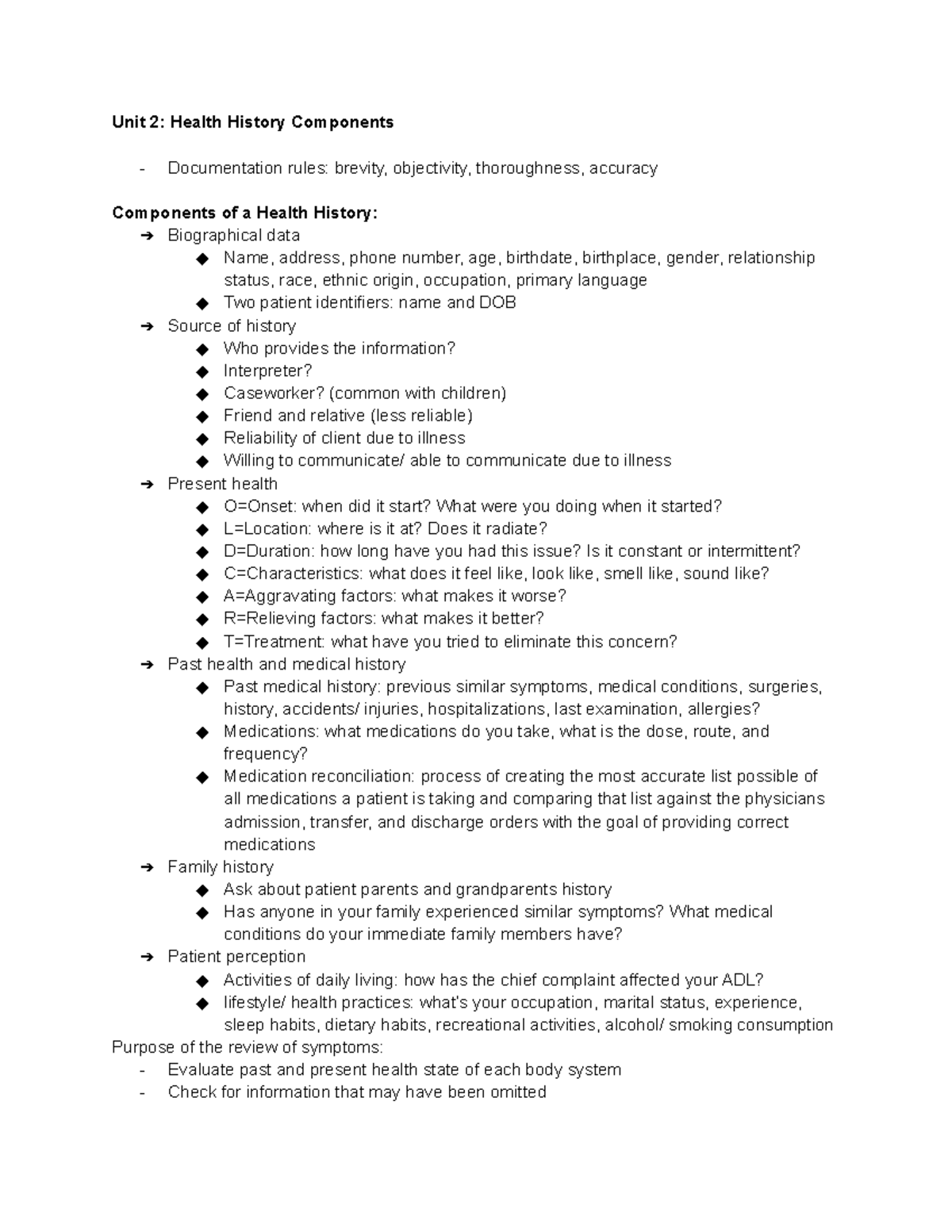 NUR 204 - Unit 2 - Hoyle - Unit 2: Health History Components ...