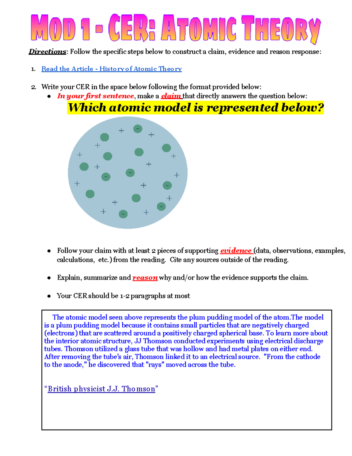 Copy of Mod 1 - CER - Atomic Structure - Directions: Follow the ...