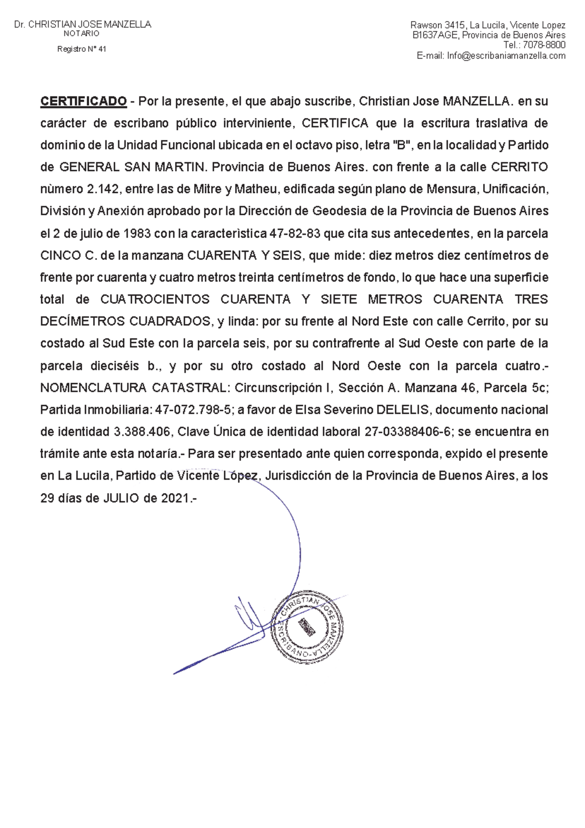 ELSA Severino 8 B - CERTIFICADO - Por la presente, el que abajo ...