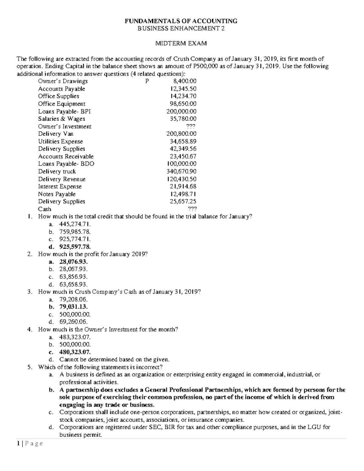 MIDTERM EXAM (WITH ANSWERS) - Business Enhancement 2: Fundamentals of Accounting - Studocu