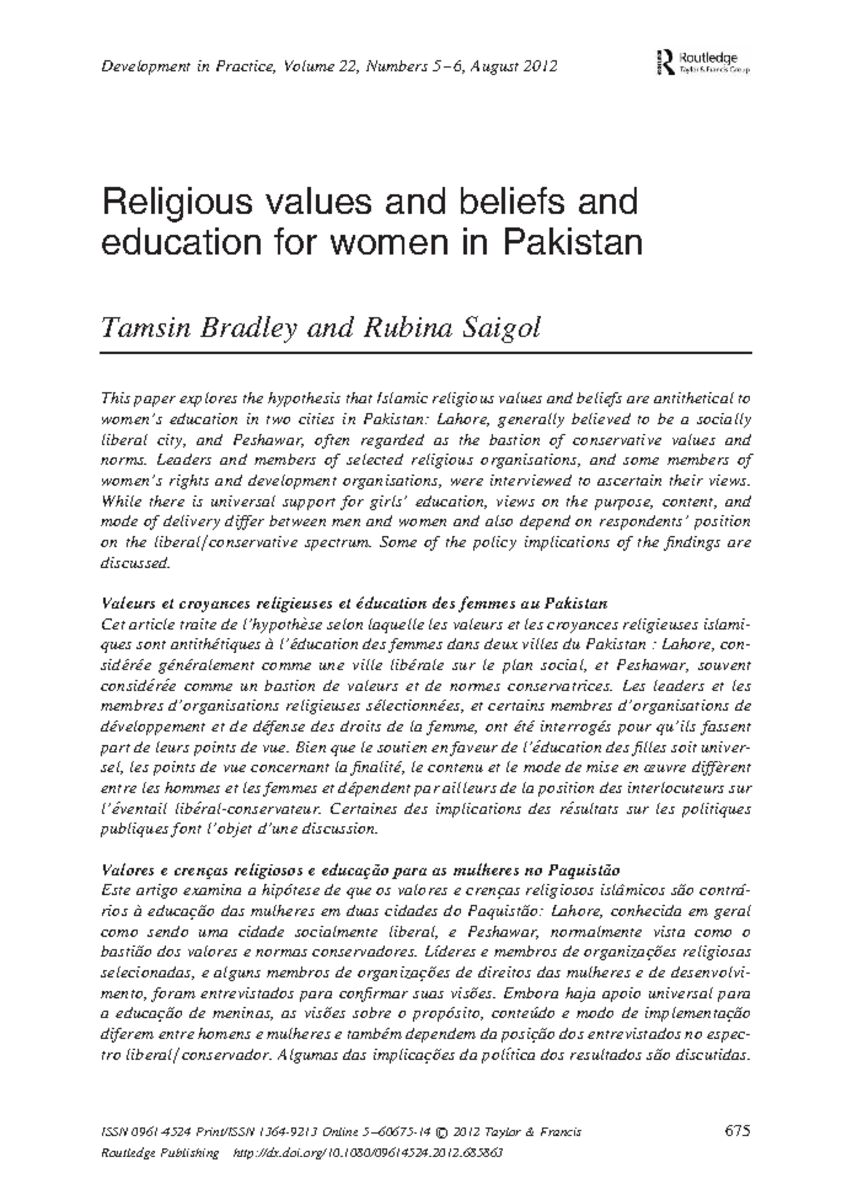 Religious values and beliefs and education for women in Pakistan ...