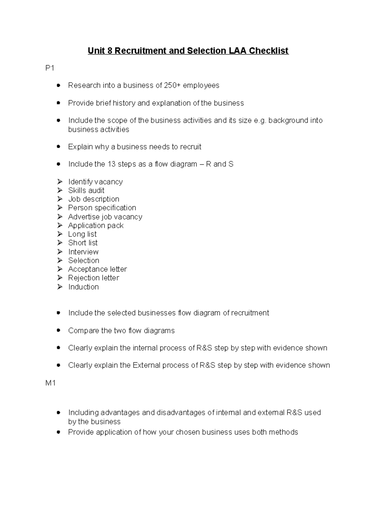 Unit 8 Recruitment and Selection LAA Checklist - Unit 8 Recruitment and ...
