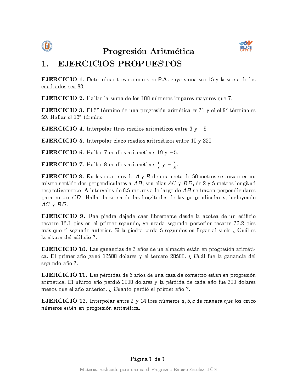 Guía Progresión Aritmética - Progresi ́on Aritm ́etica 1. EJERCICIOS PROPUESTOS EJERCICIO 1 ...