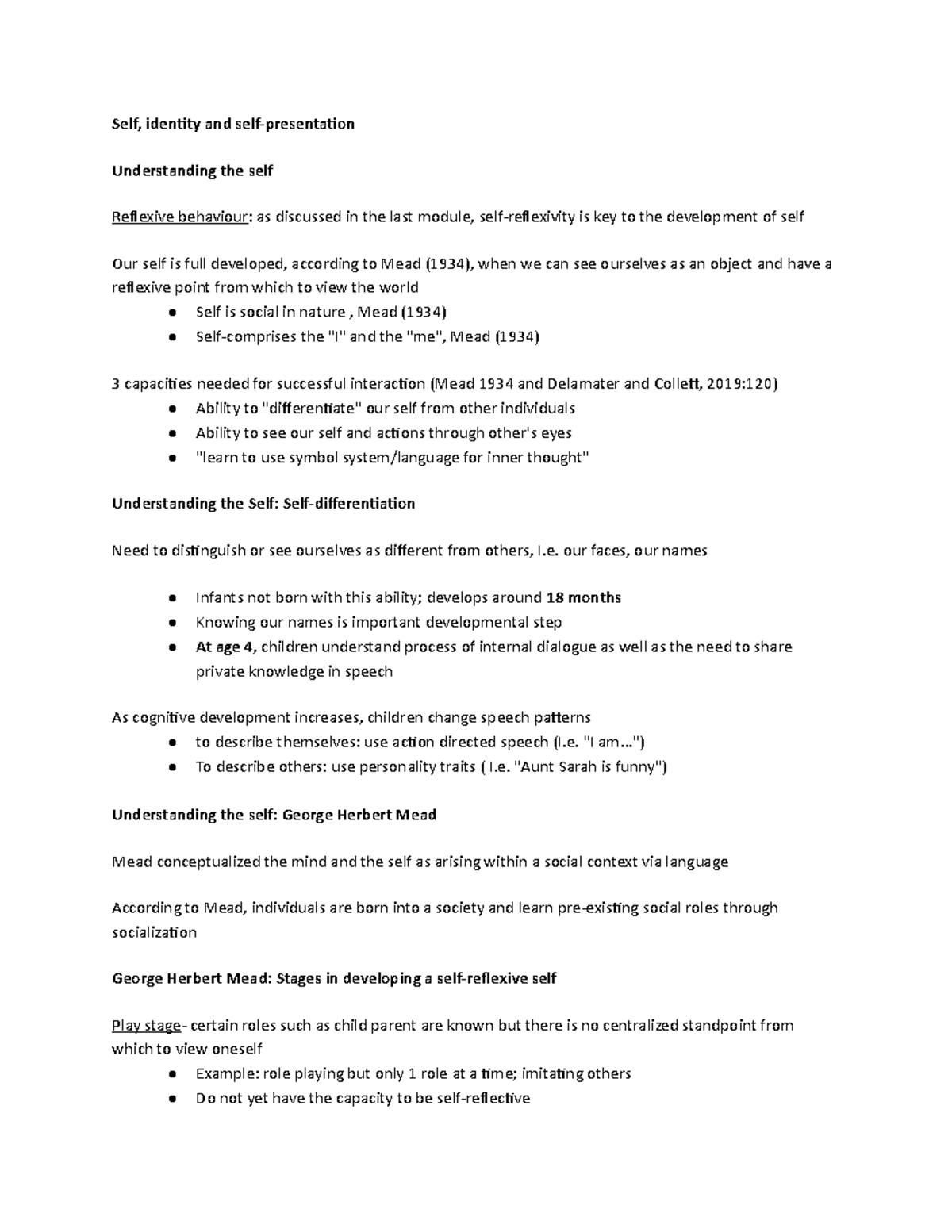 Self & Identity - LECTURE NOTES - Self, identity and self-presentation ...