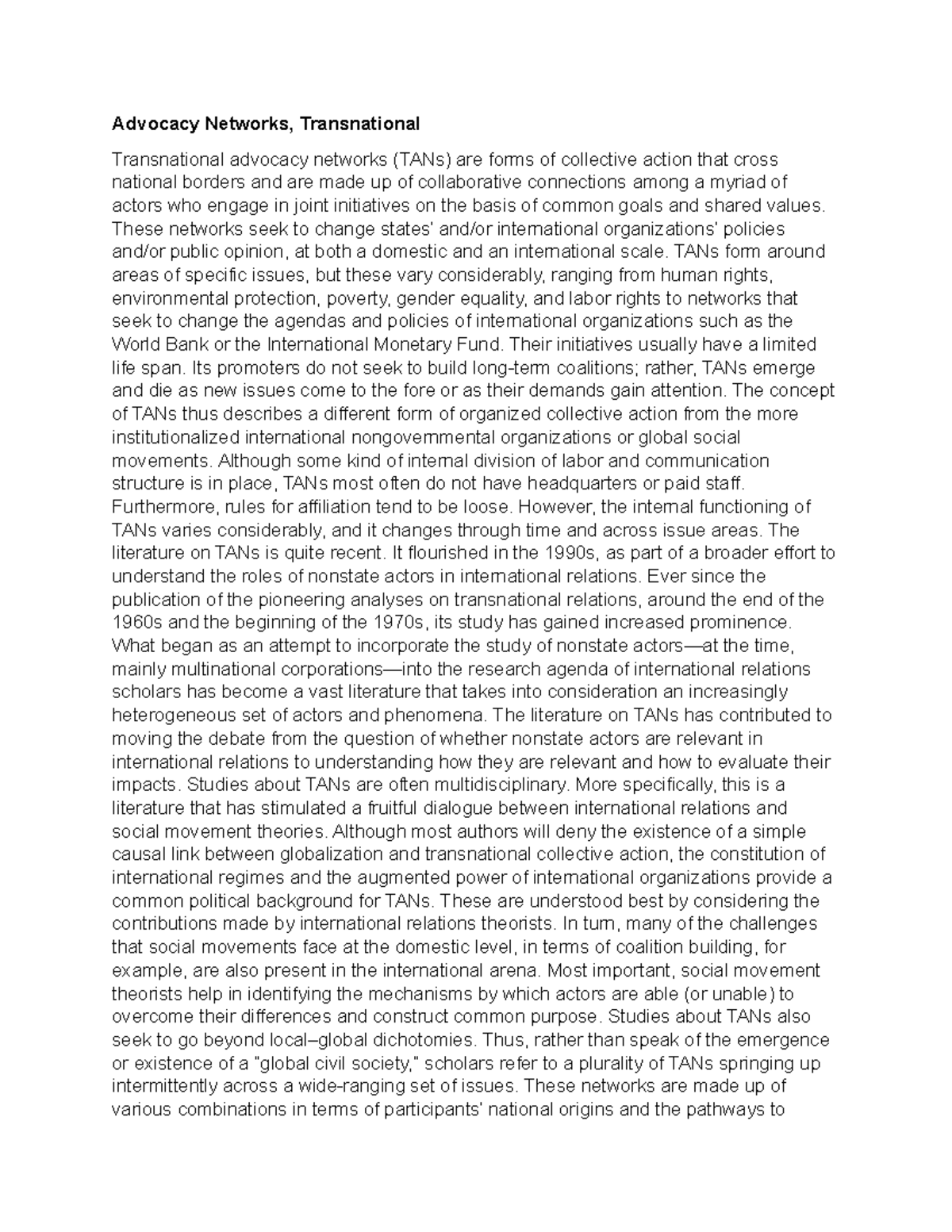 Advocacy Networks - These networks seek to change states’ and/or ...