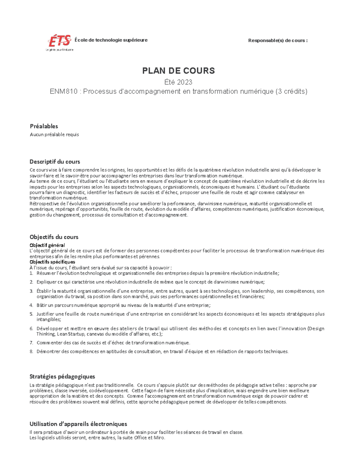 ENM810 20232 plan - NaN - École de technologie supérieure Responsable(s ...
