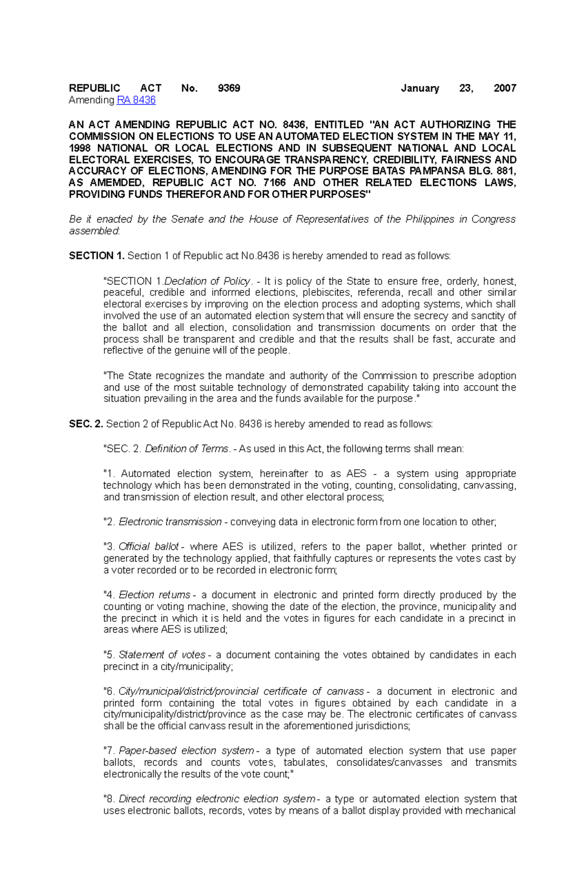 RA9369 - for research - REPUBLIC ACT No. 9369 January 23, 2007 Amending ...