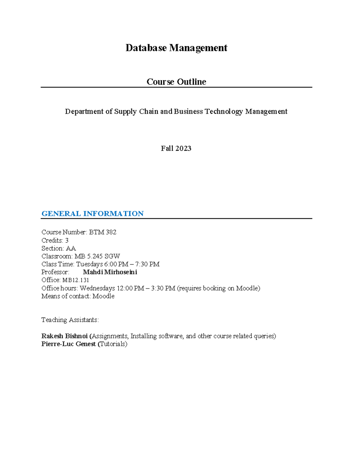 BTM 382-AA Course Outline - Database Management Course Outline Department of Supply Chain and ...