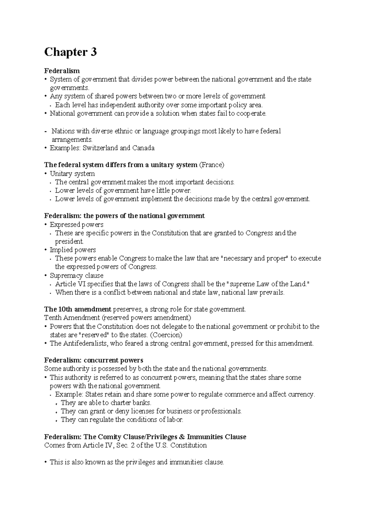 Chapter 3 - Chapter 3 Federalism • System of government that divides ...