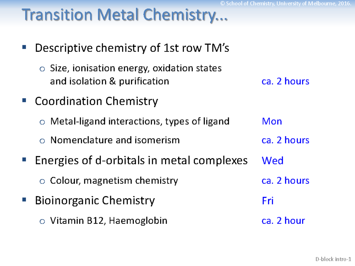 Lecture notes, lecture transition metal - School of Chemistry ...