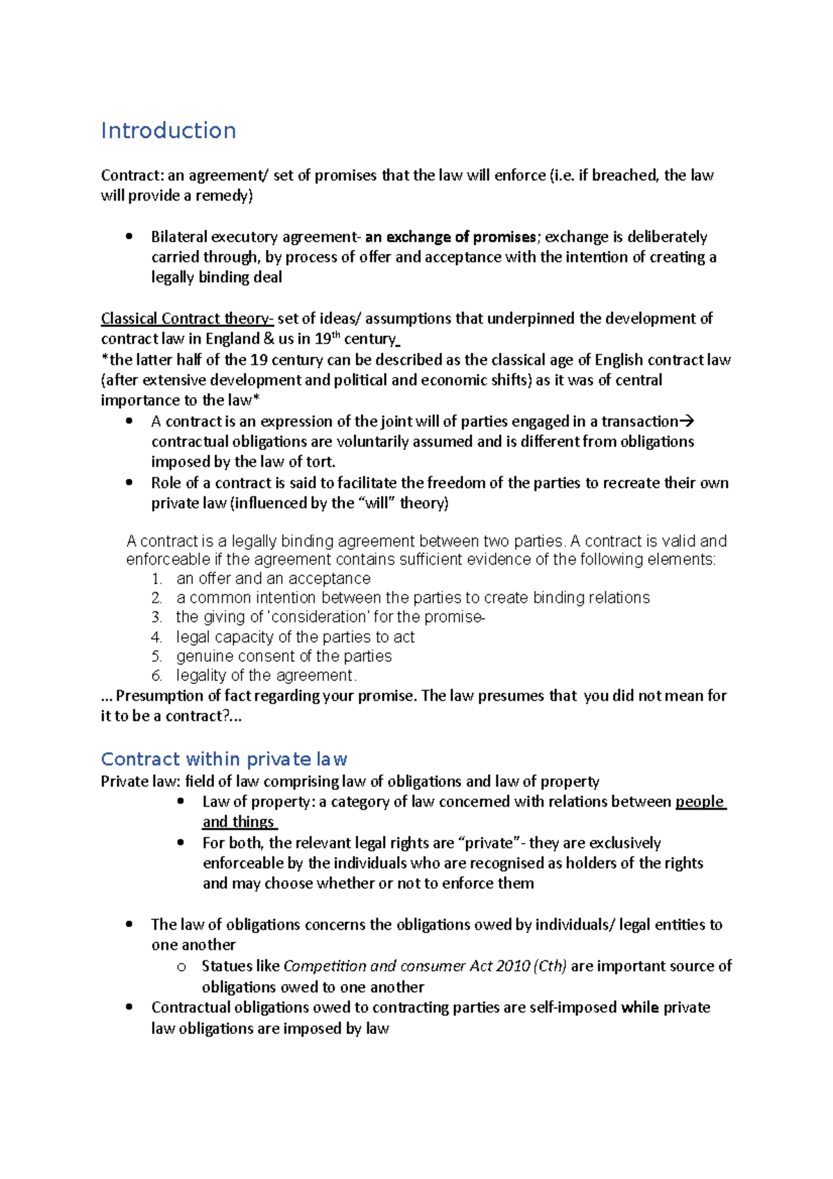 Contracts Notes - Introduction Contract: an agreement/ set of promises ...