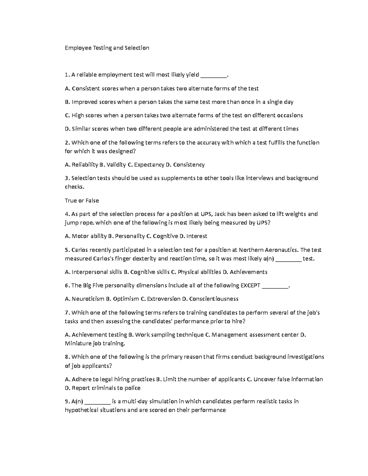 Employee Testing and Selection Quiz - Employee Testing and Selection A ...