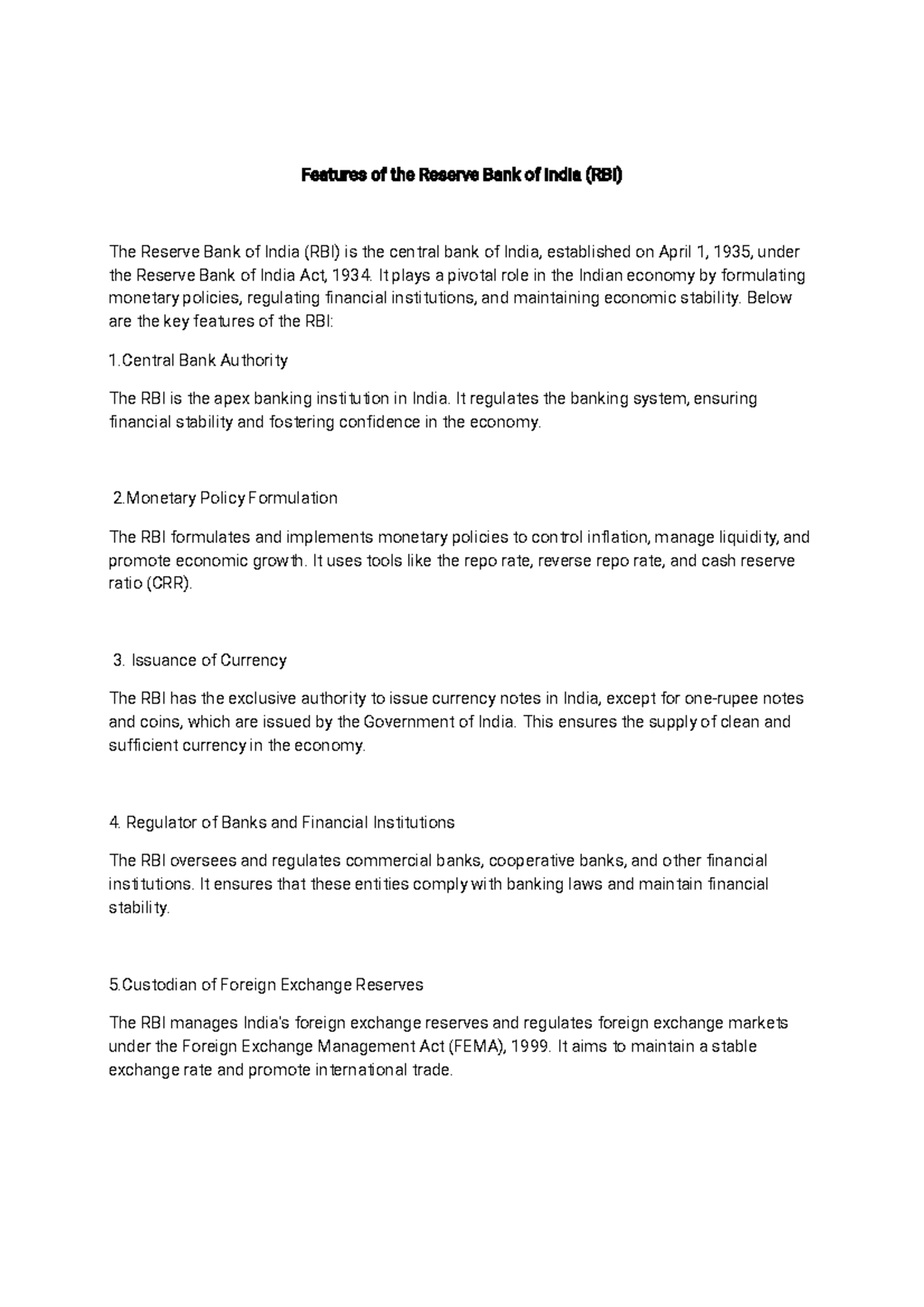 Features of RBI - Cbcs , Bcom - Features of the Reserve Bank of India ...