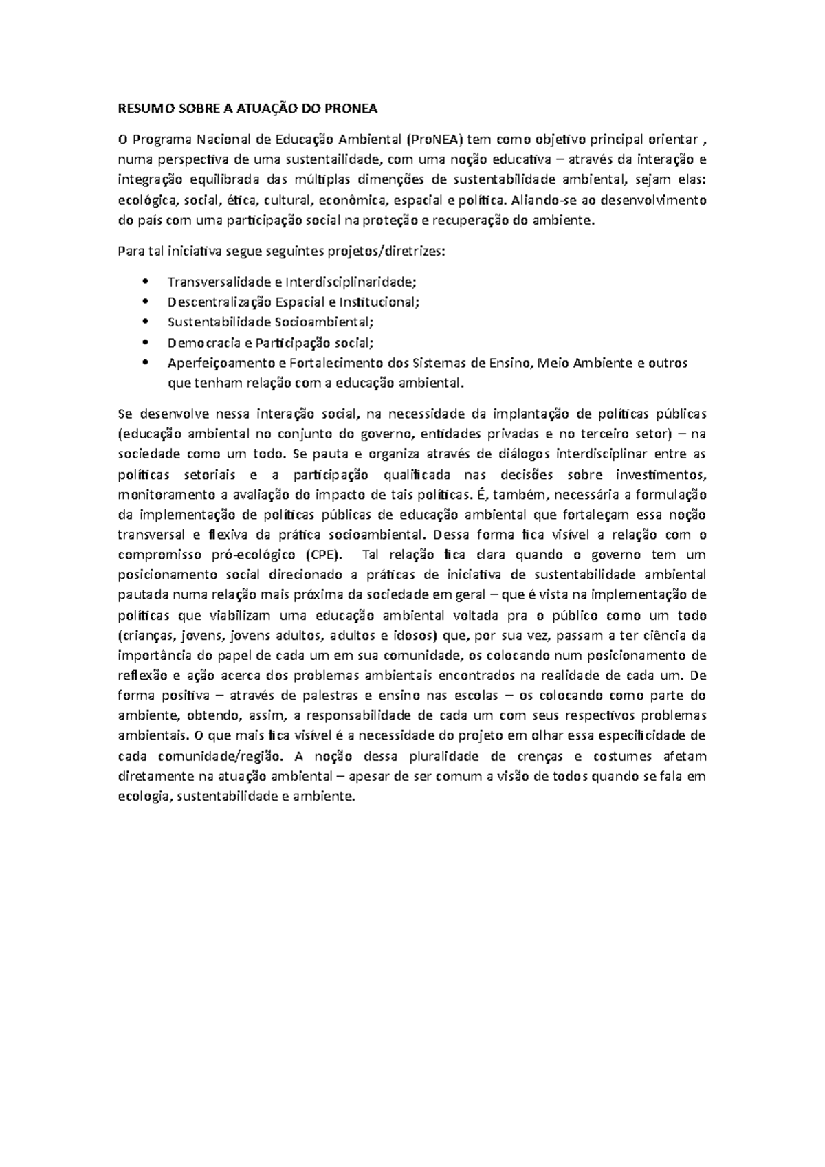 Resumo Sobre A Atuação DO Pronea - RESUMO SOBRE A ATUAÇÃO DO PRONEA O ...