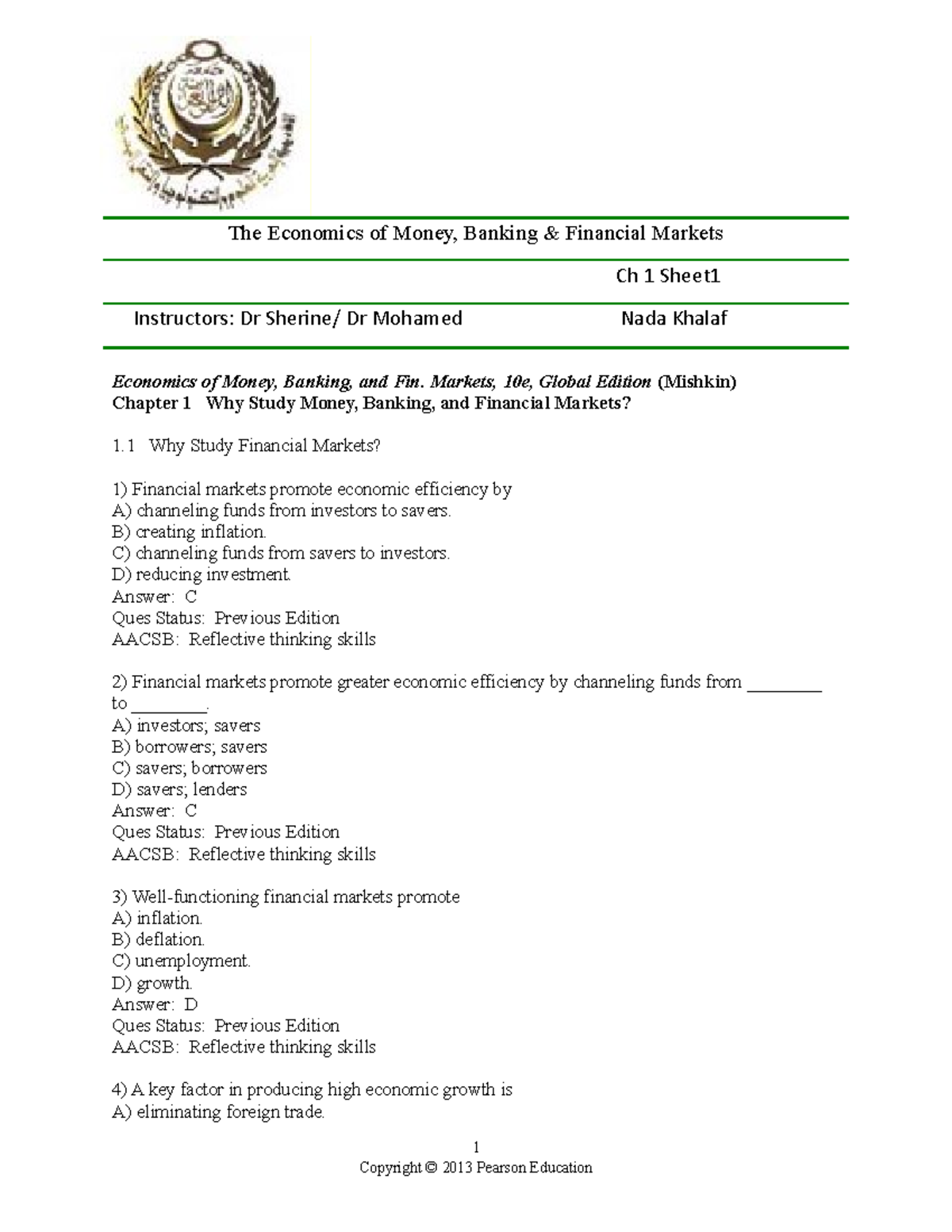 Sheet-1 MB - The Economics of Money, Banking & Financial Markets Ch 1 ...