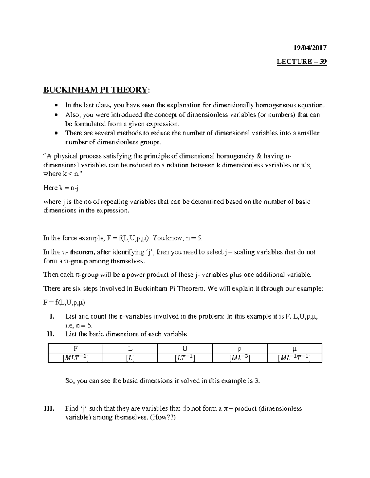 03i. solution - 19/04/ LECTURE – 39 BUCKINHAM PI THEORY: In the last ...